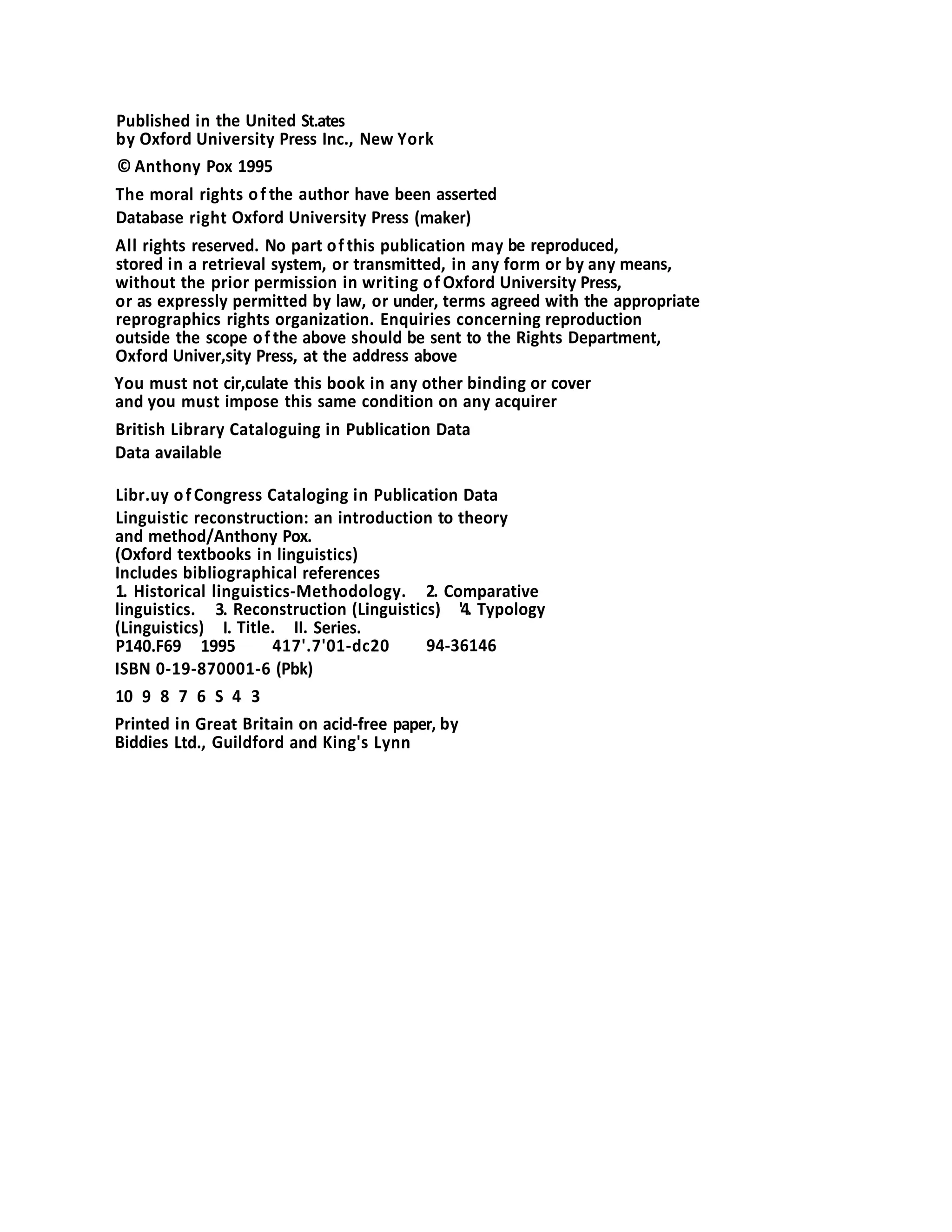 Linguistic Reconstruction An Introduction To Theory And Method Oxford ...