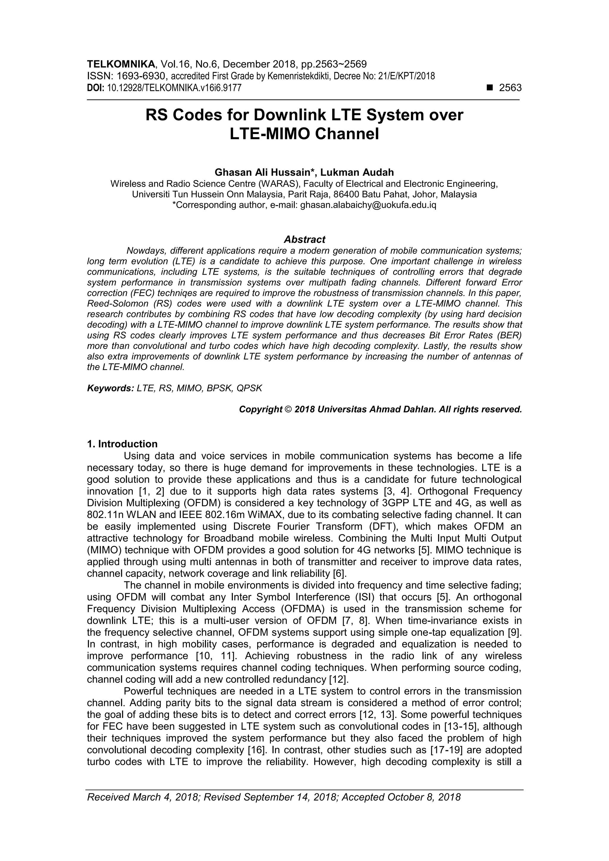 RS Codes for Downlink LTE System over LTE-MIMO Channel | PDF