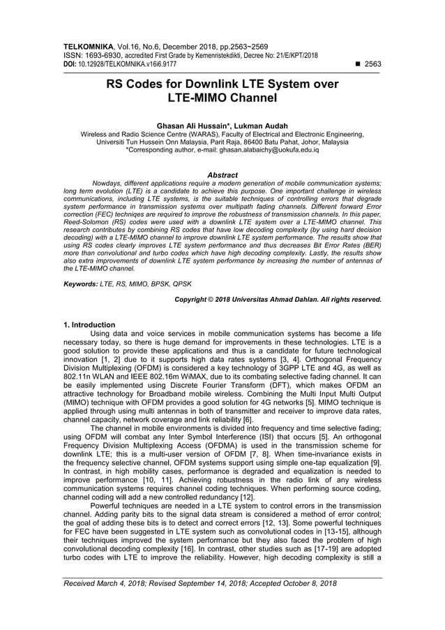 RS Codes for Downlink LTE System over LTE-MIMO Channel | PDF