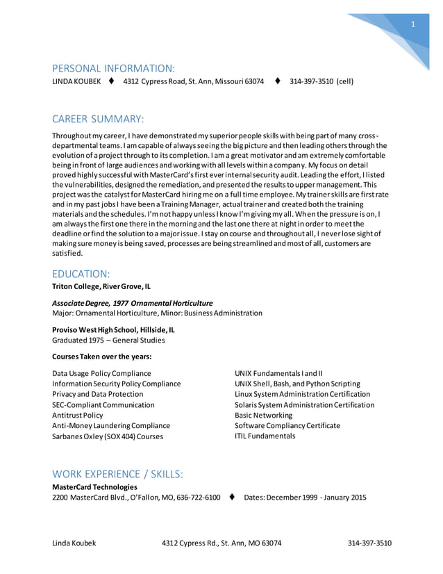 Linda Koubek - Resume - 10072015 update | DOCX | Operating Systems | Computer Software and ...