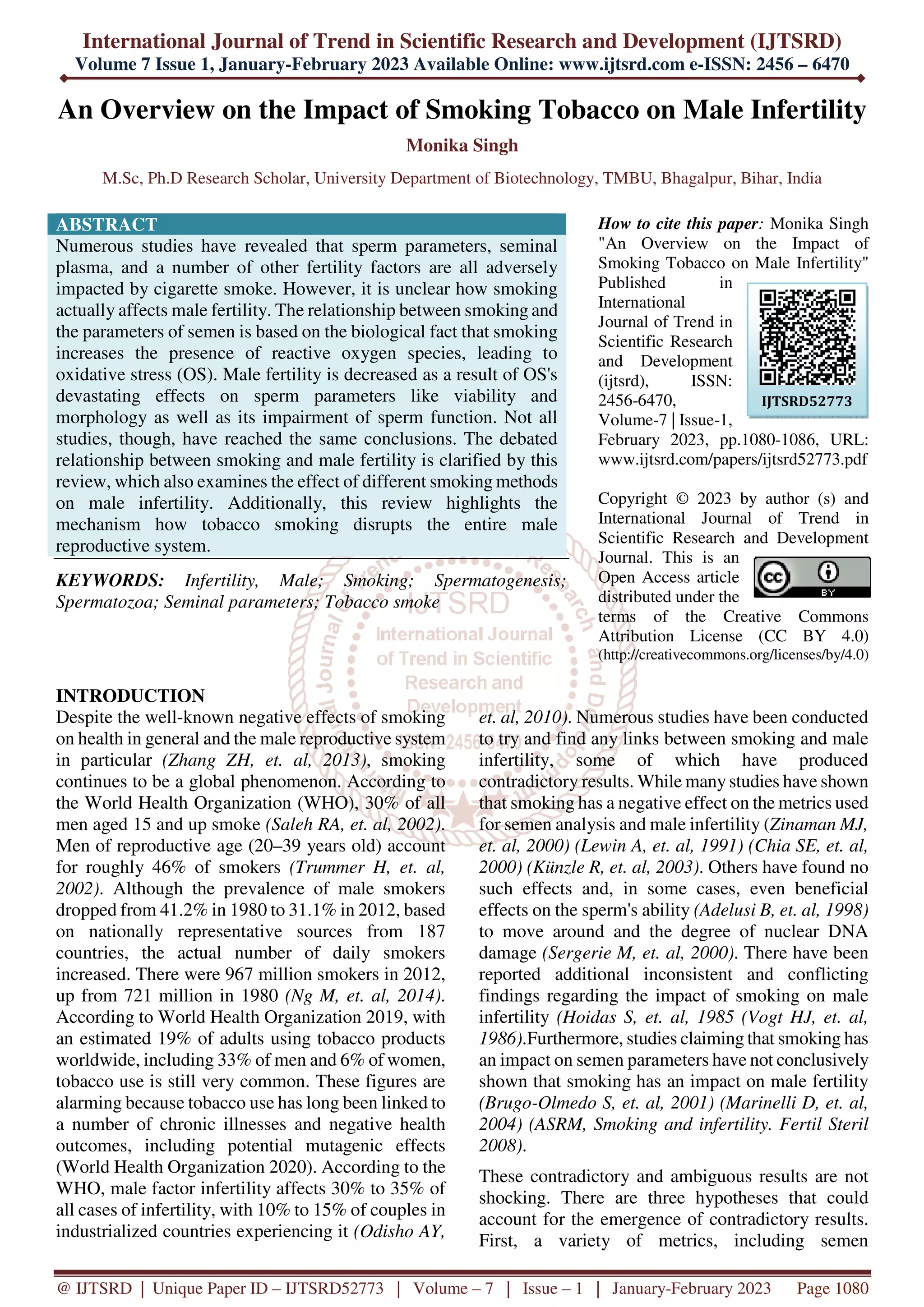 An Overview on the Impact of Smoking Tobacco on Male Infertility | PDF