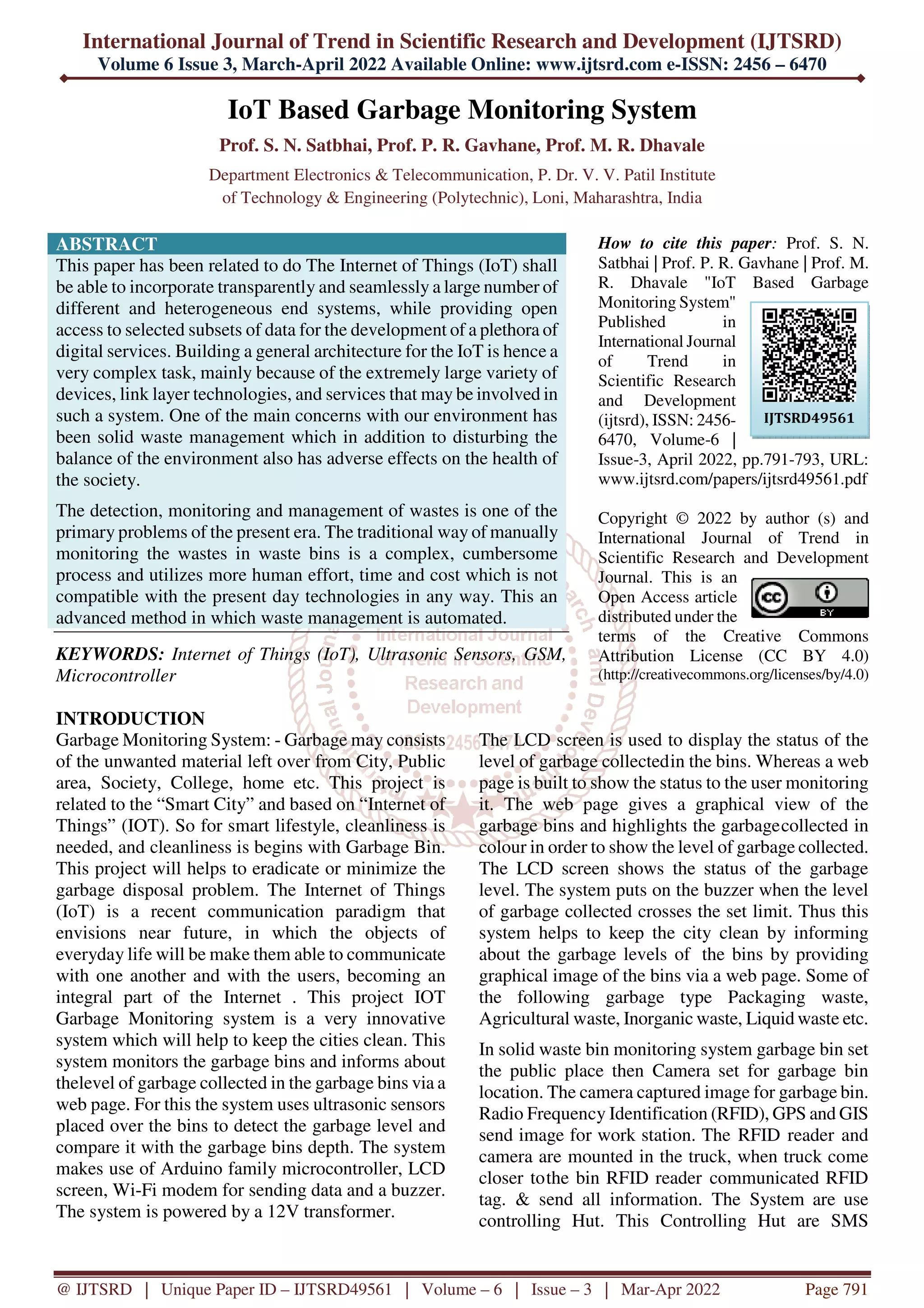 Iot Based Garbage Monitoring System Pdf