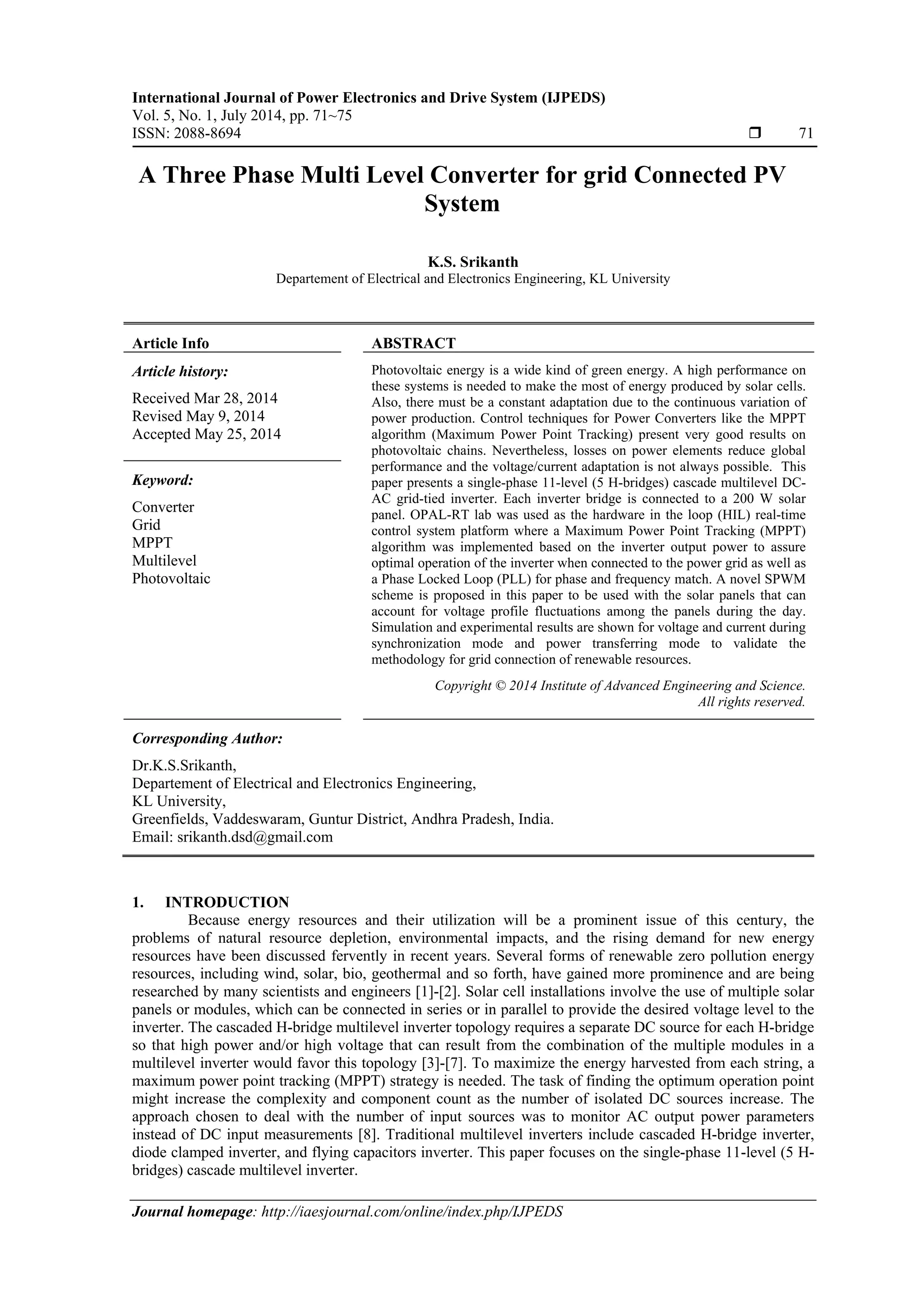 A Three Phase Multi Level Converter for grid Connected PV System | PDF | Power and Energy ...