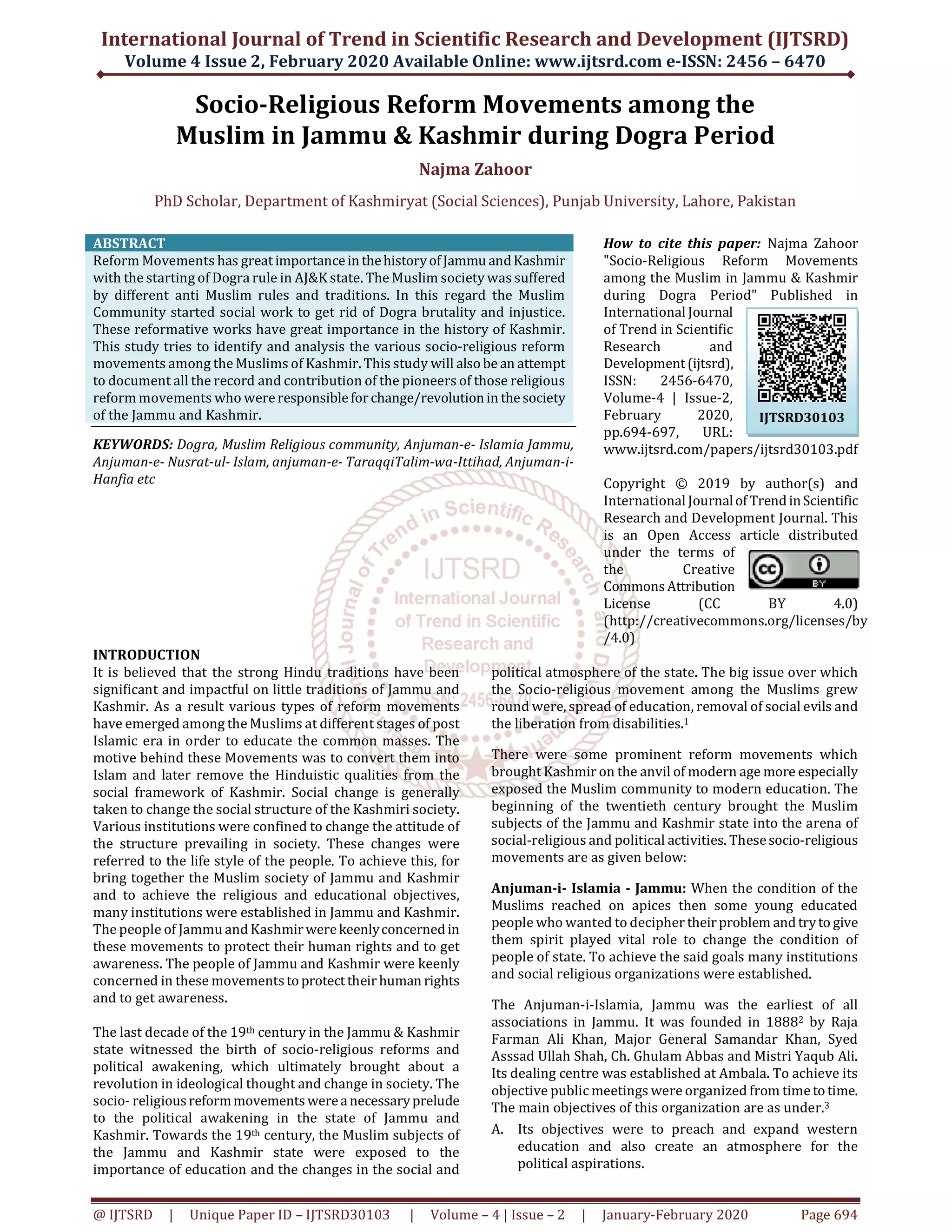 Socio Religious Reform Movements among the Muslim in Jammu and Kashmir ...