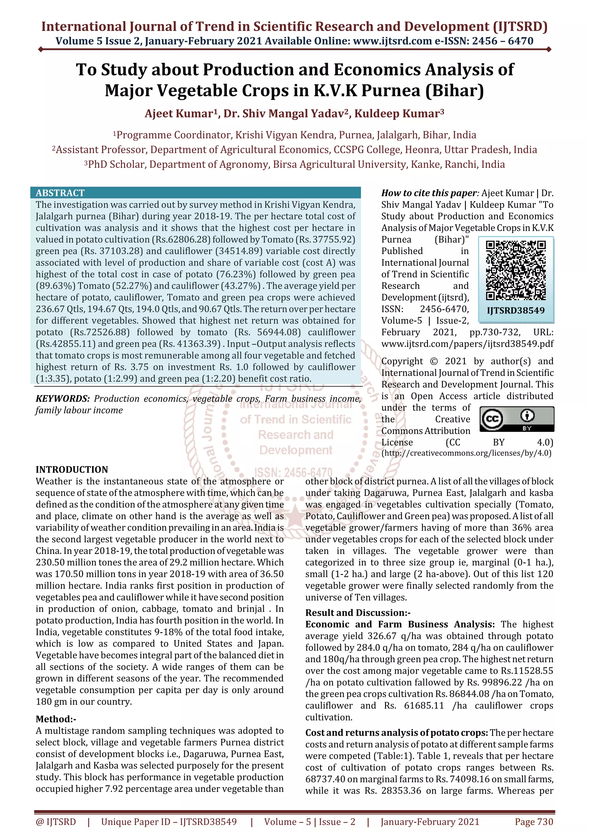 To Study about Production and Economics Analysis of Major Vegetable ...