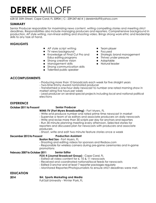 Derek Miloff Resume | PDF | Television | Entertainment