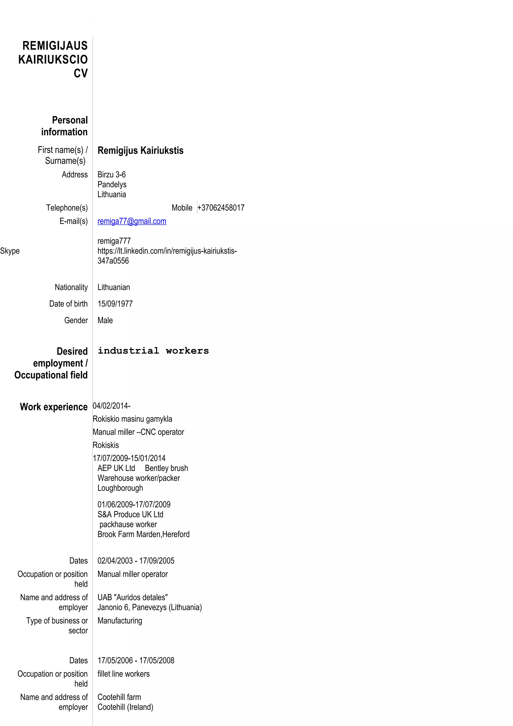 Remigijaus Kairiukscio CV | DOC