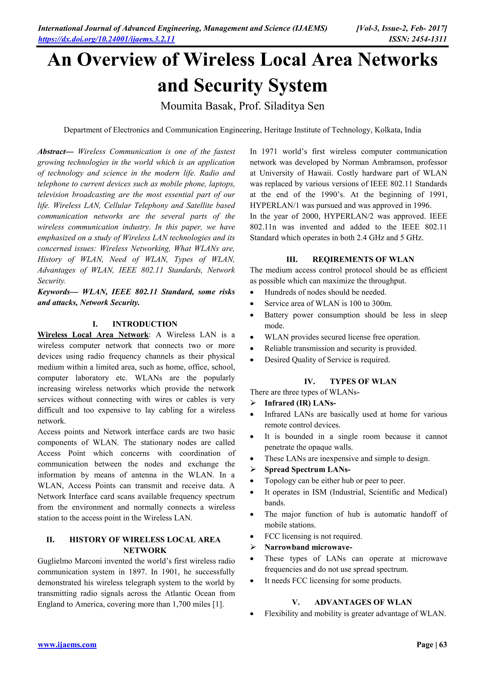 an overview of wireless local area networks and security system | PDF ...