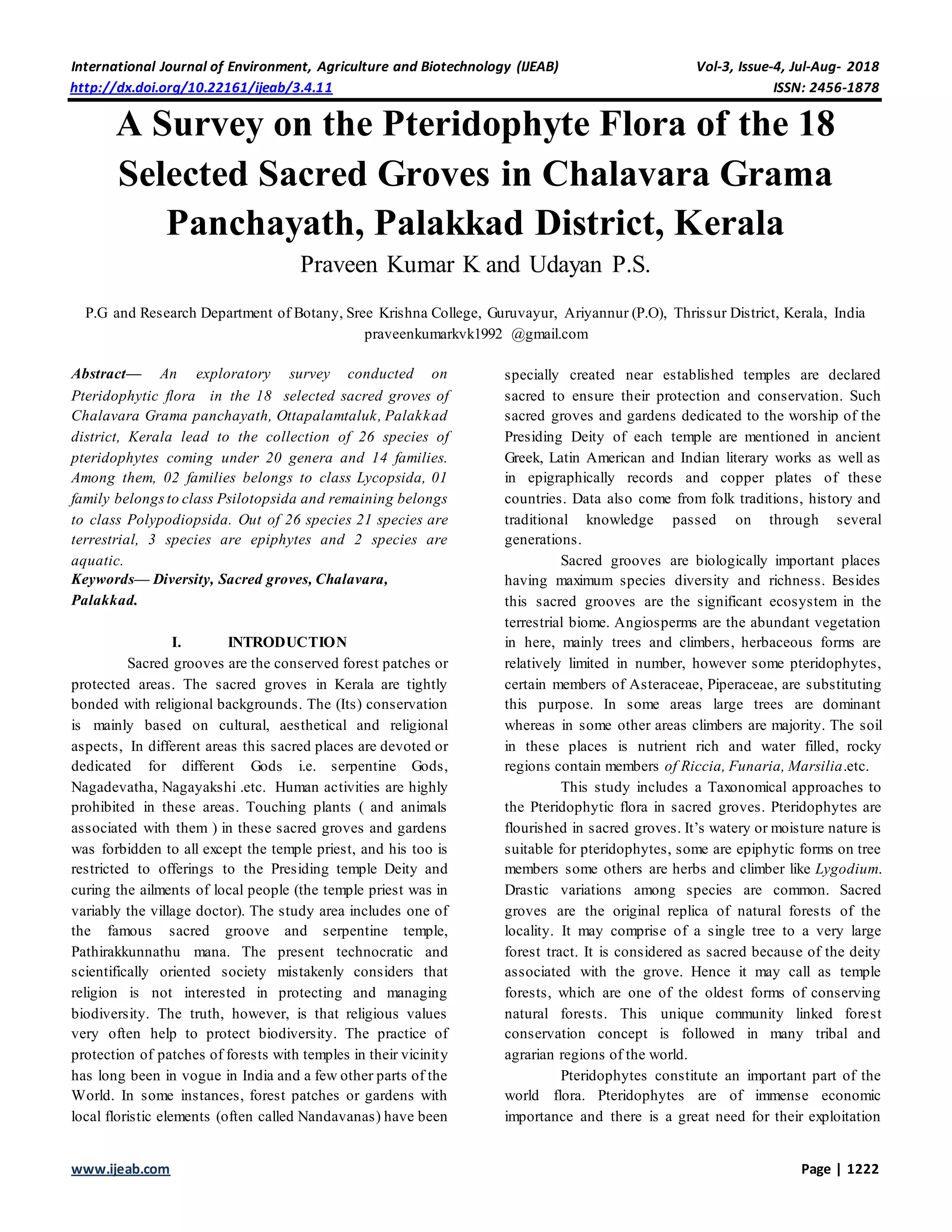 A Survey on the Pteridophyte Flora of the 18 Selected Sacred Groves in ...