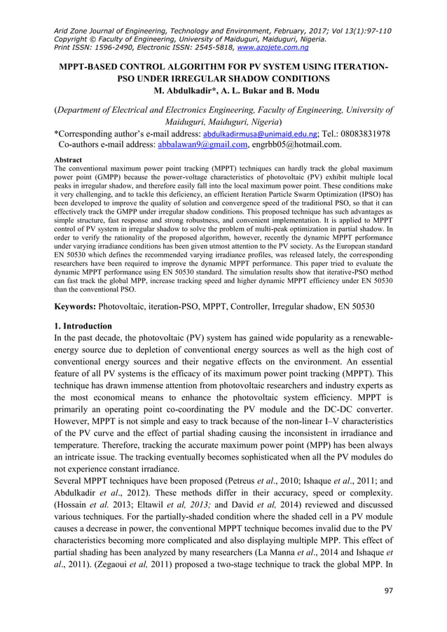MPPT-Based Control Algorithm for PV System Using iteration-PSO under Irregular shadow Conditions ...