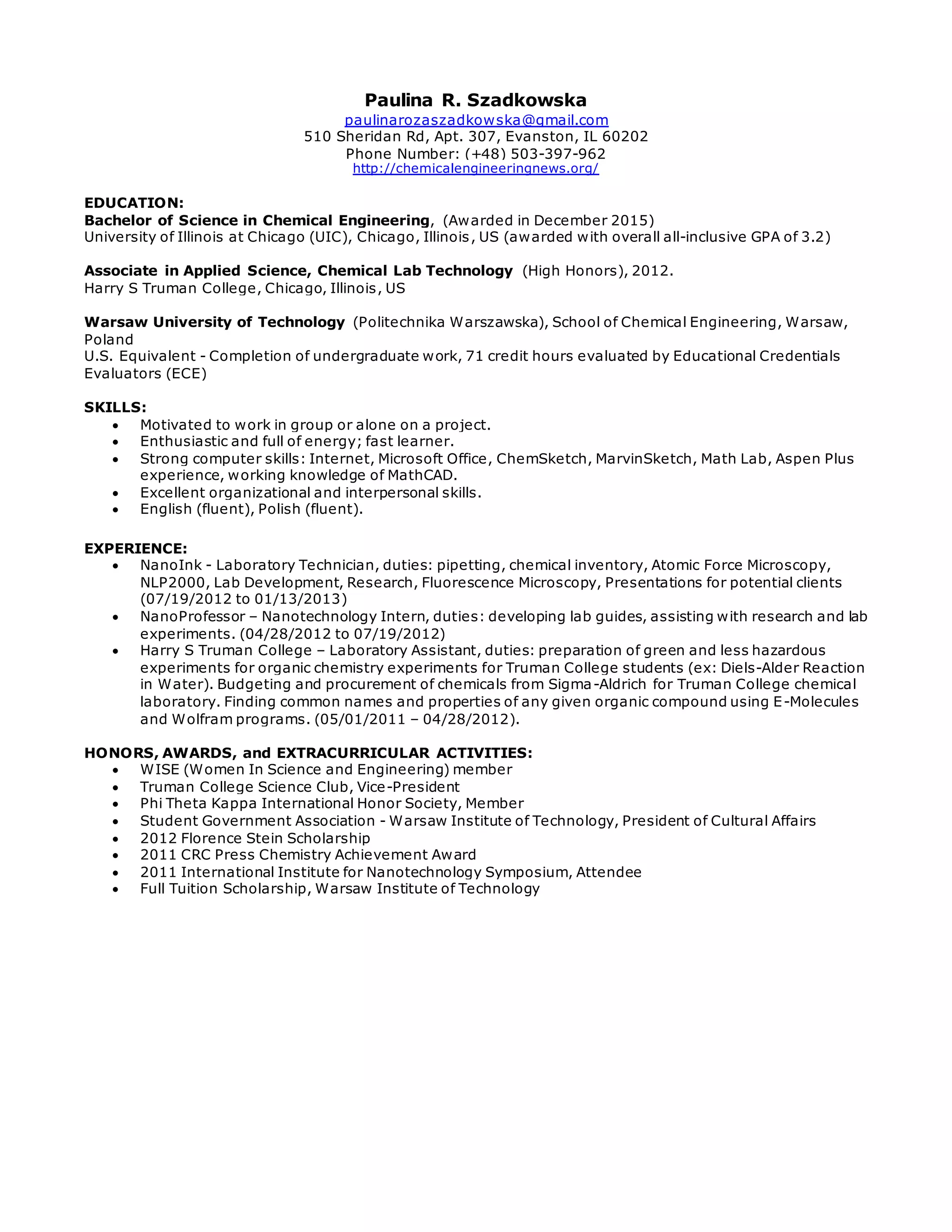 Paulina Szadkowska - Resume 2016 | DOCX