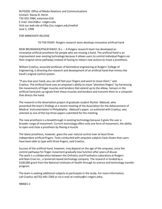 Artificial Hand Press Release and clips. Rutgers | PDF