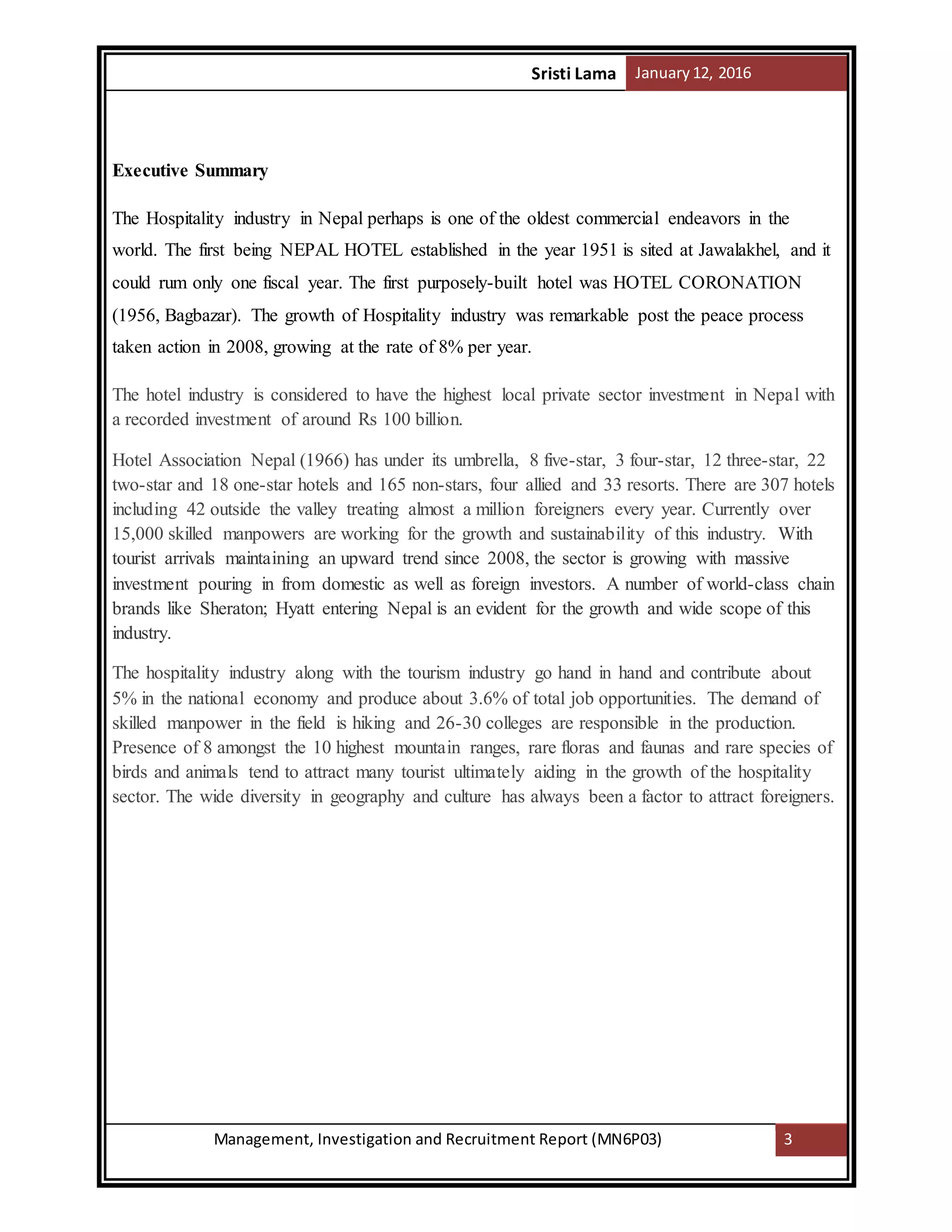 Report on the Hospitality Industry of Nepal | DOCX