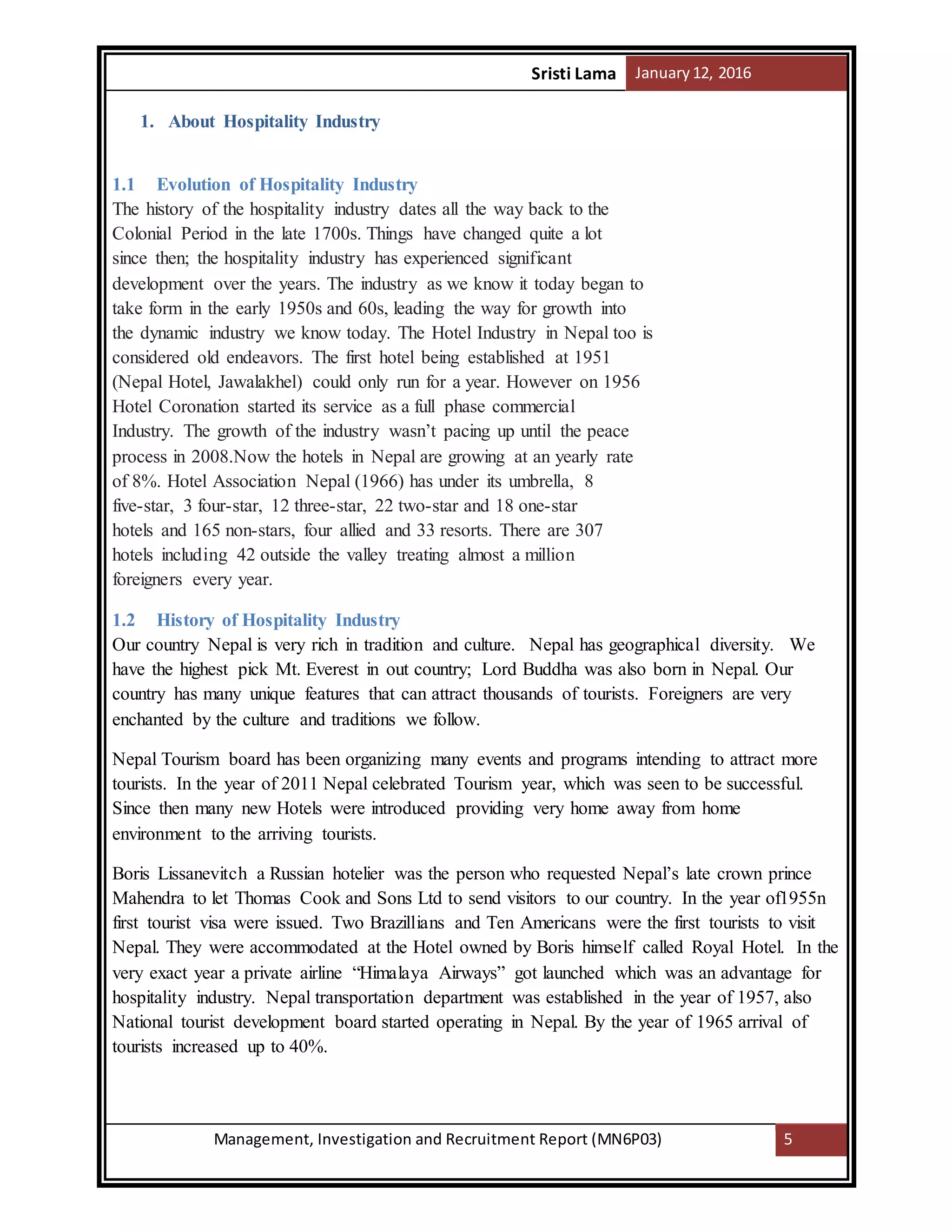 Report on the Hospitality Industry of Nepal | DOCX