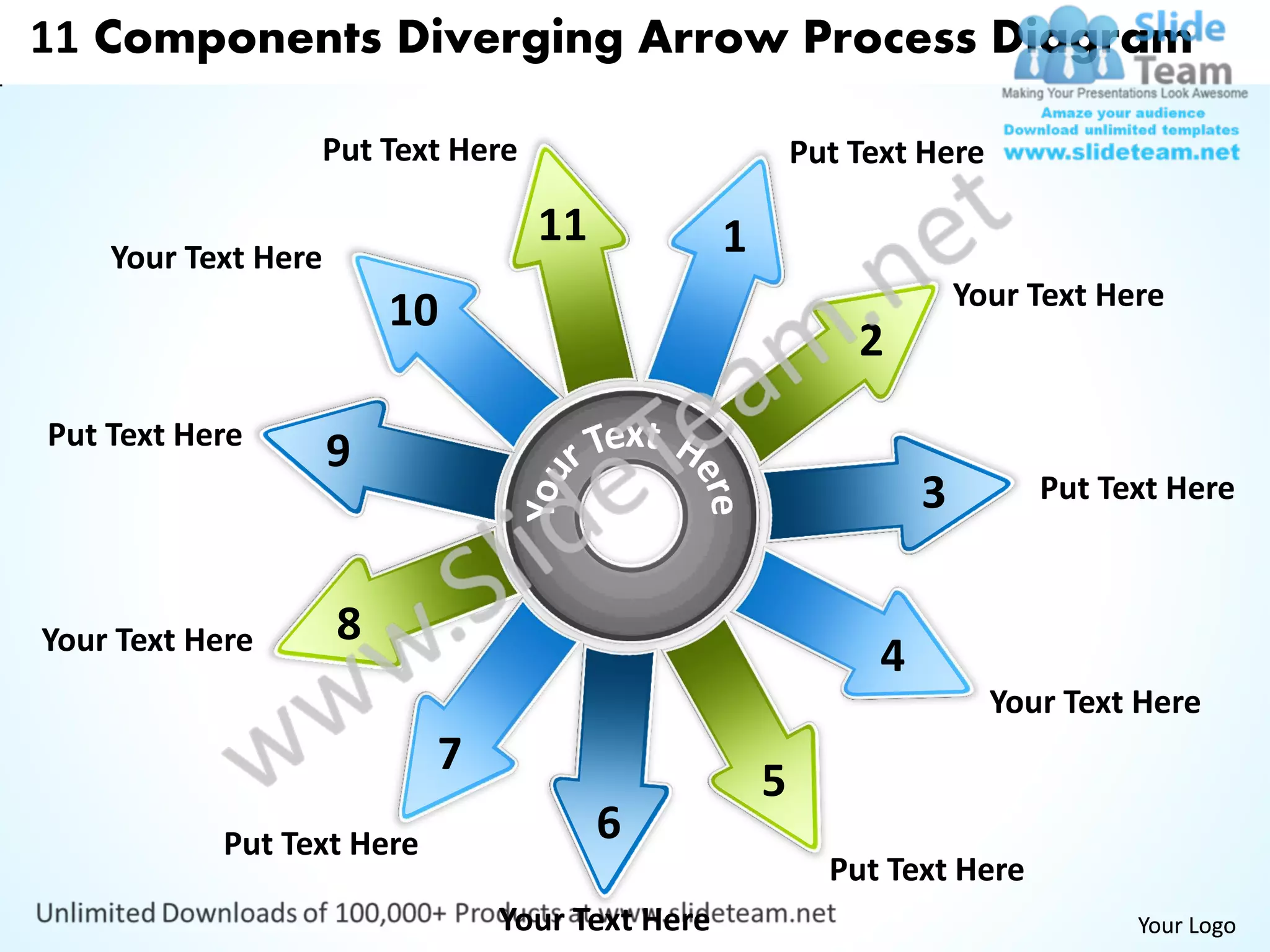 11 components diverging arrow process diagram circular flow layout ...