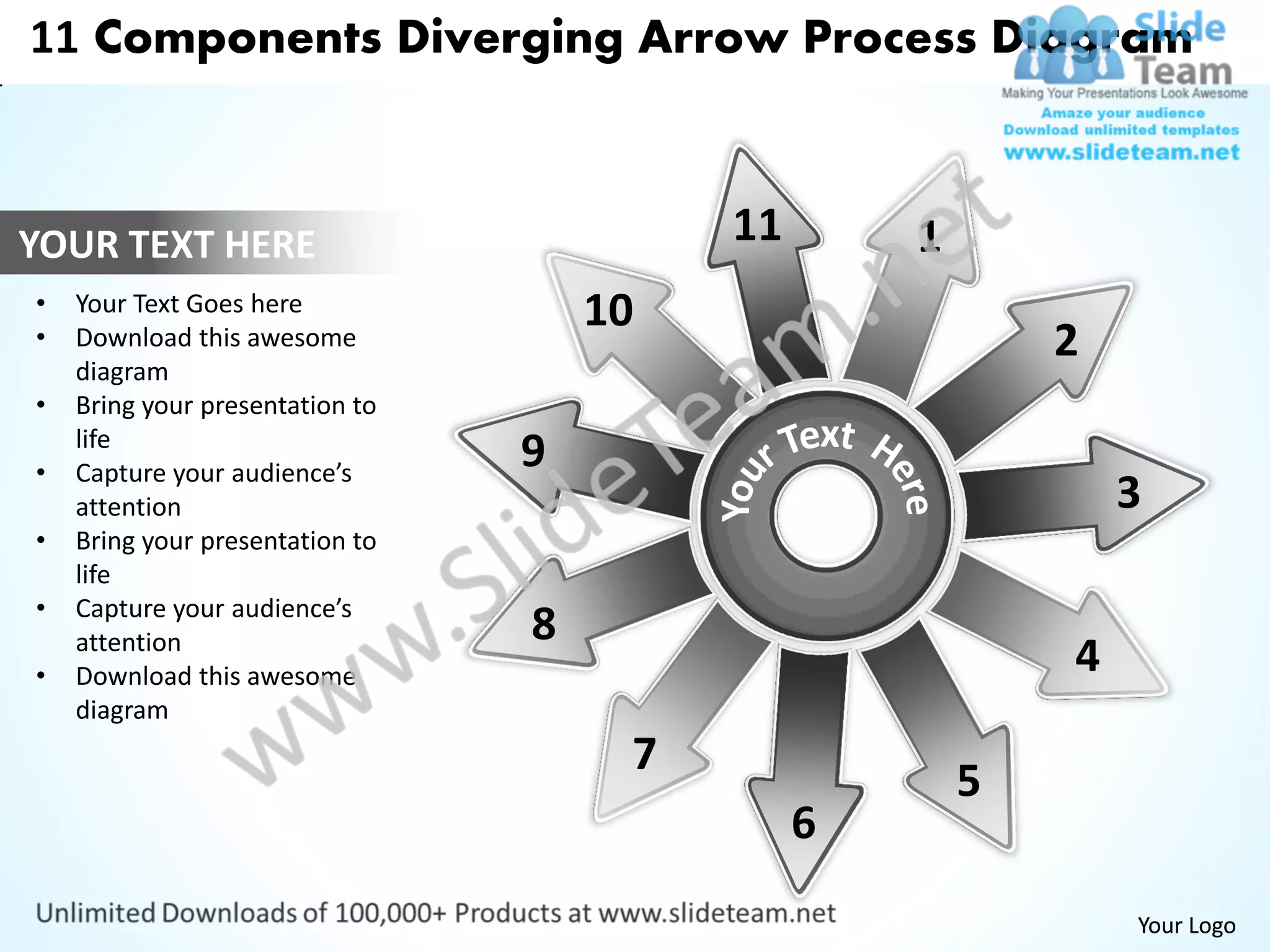 11 components diverging arrow process diagram circular flow layout ...