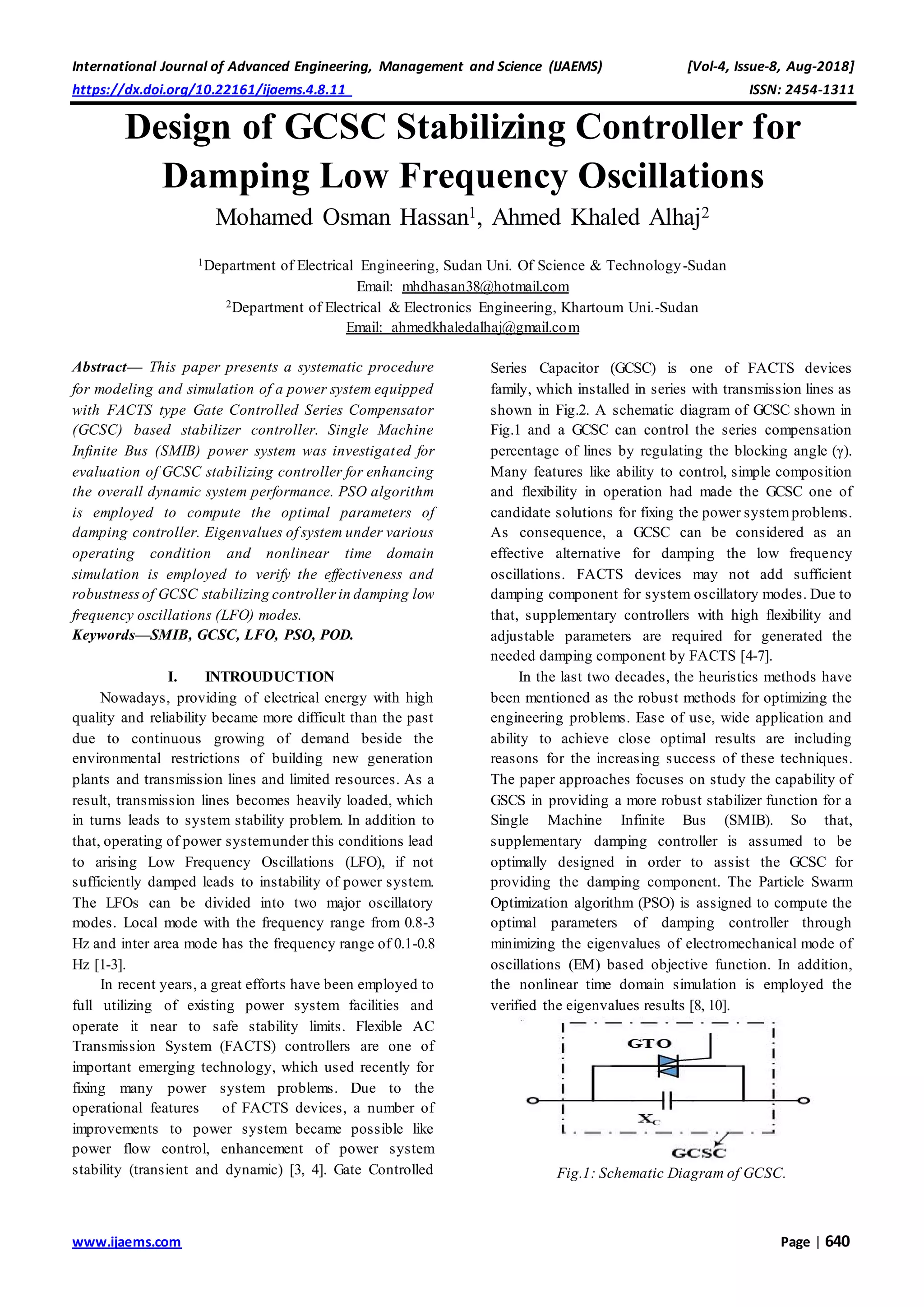 Design of GCSC Stabilizing Controller for Damping Low Frequency Oscillations | PDF
