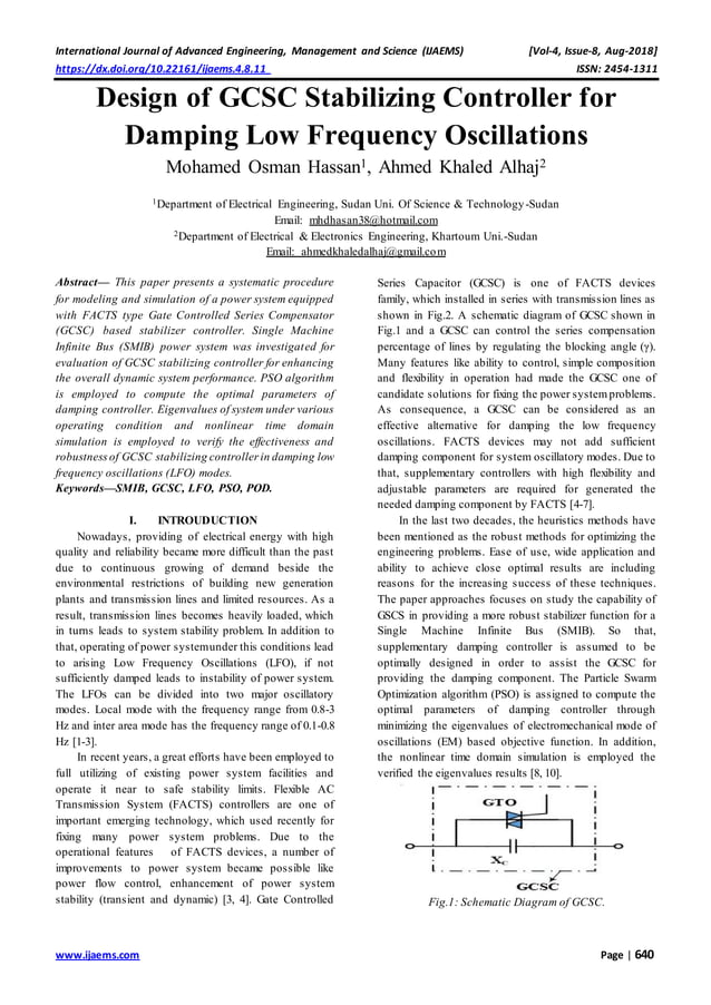 Design of GCSC Stabilizing Controller for Damping Low Frequency Oscillations | PDF