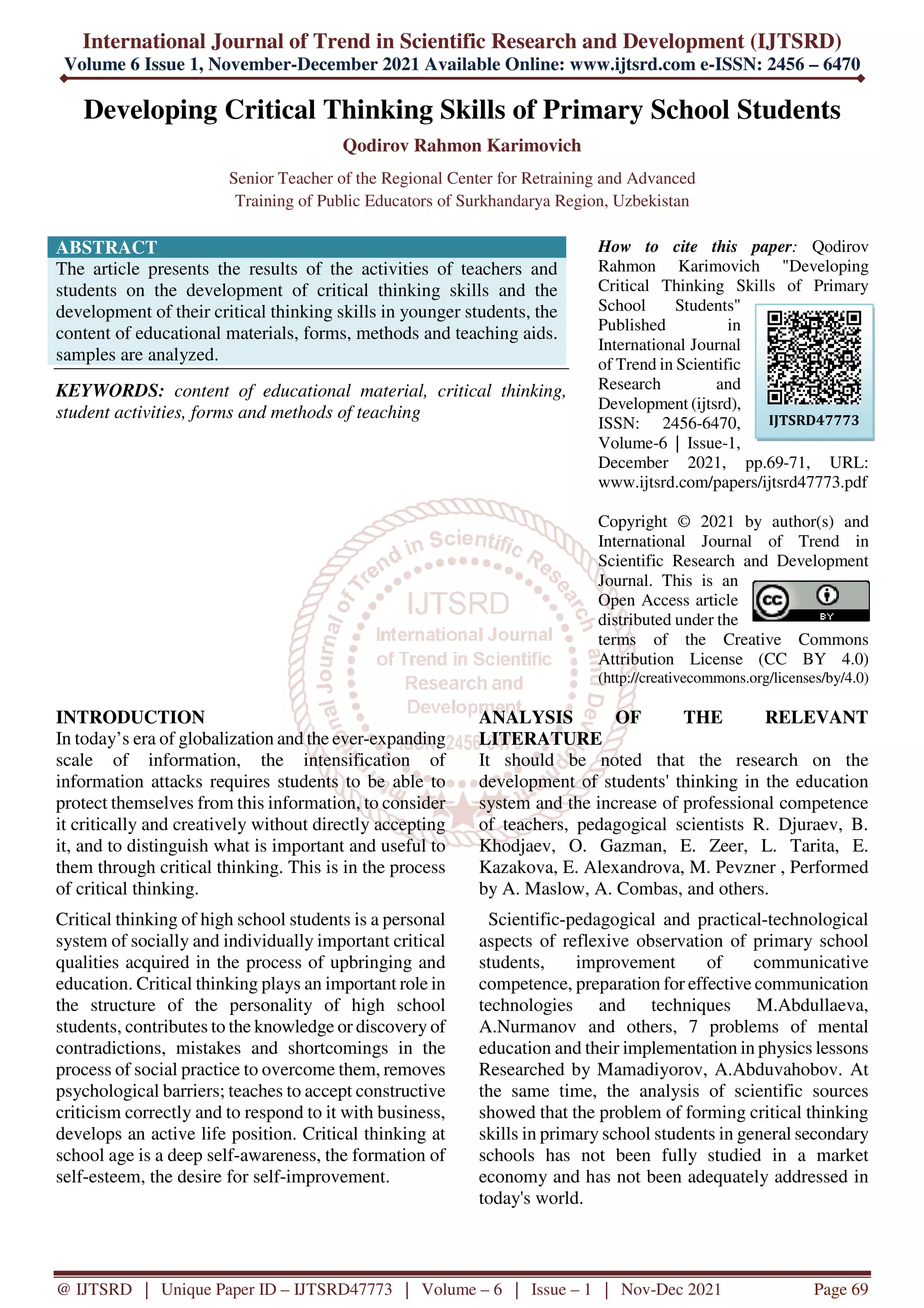 Developing Critical Thinking Skills of Primary School Students | PDF