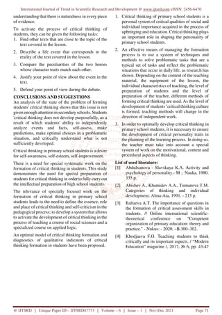 Developing Critical Thinking Skills of Primary School Students | PDF