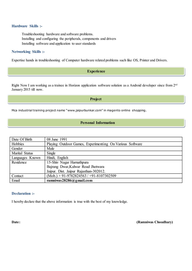 Ramniwas CV | DOCX | Programming Languages | Computing