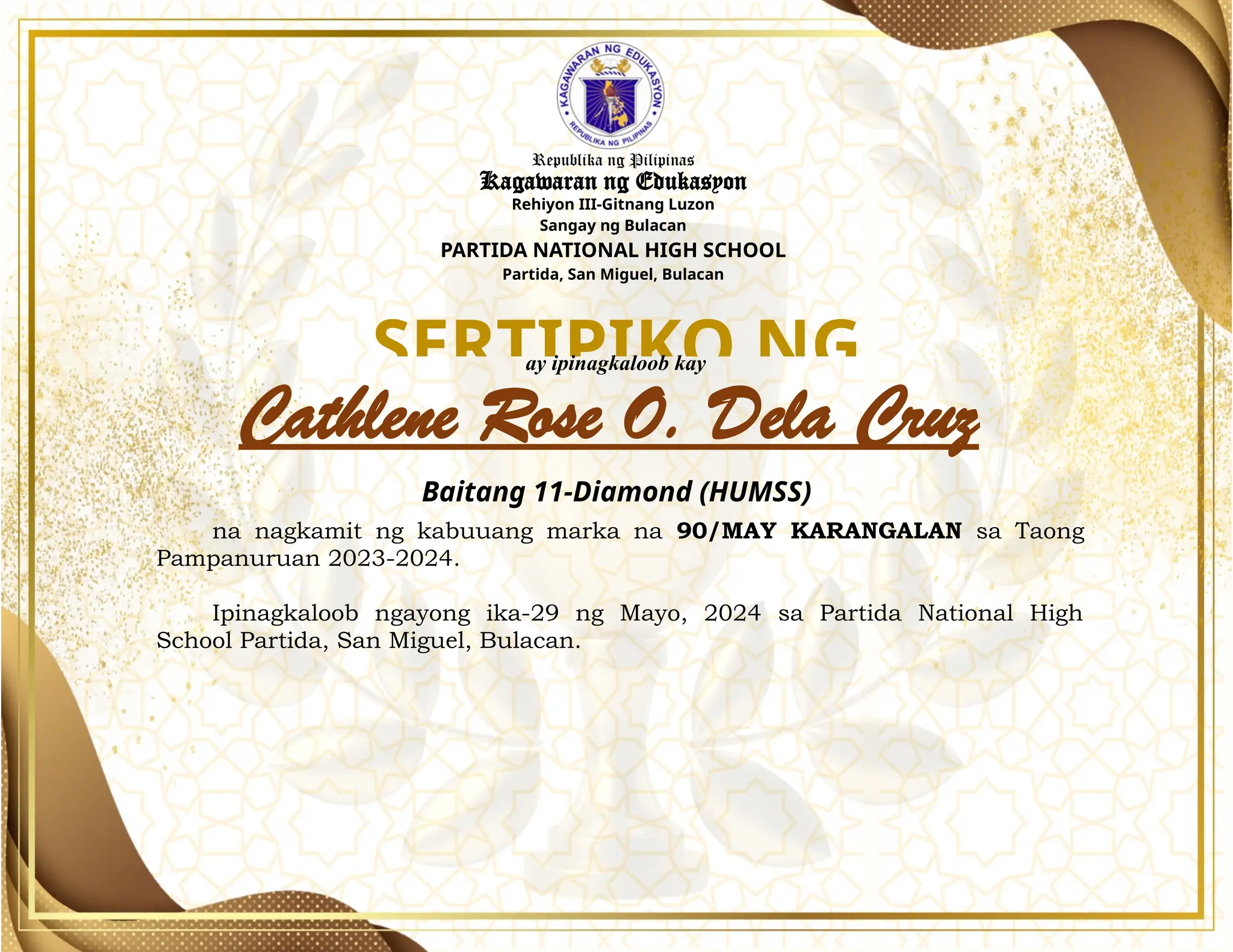 11 DIAMOND HUMSS.docx sample certificate | DOCX