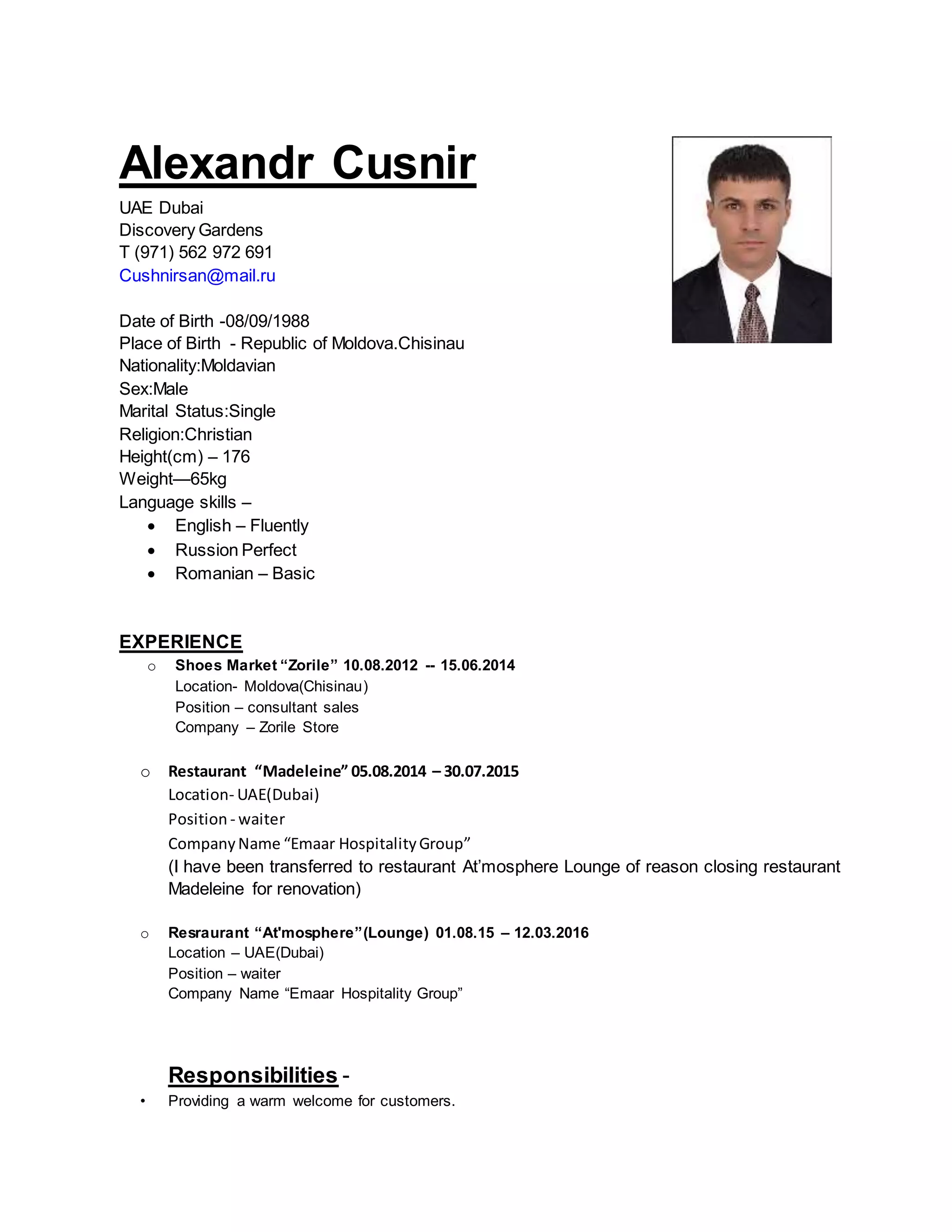 CV Alex | DOCX | Bars & Restaurants | Attractions