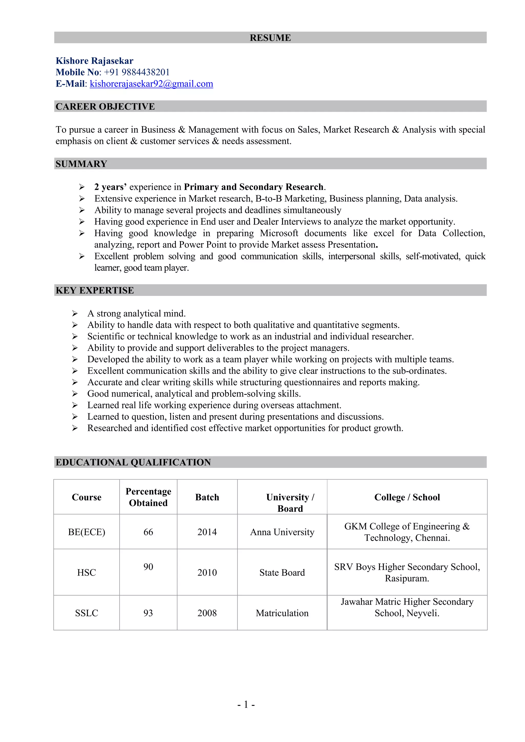Kishore Resume - 2016 | PDF | Business Administration | Business