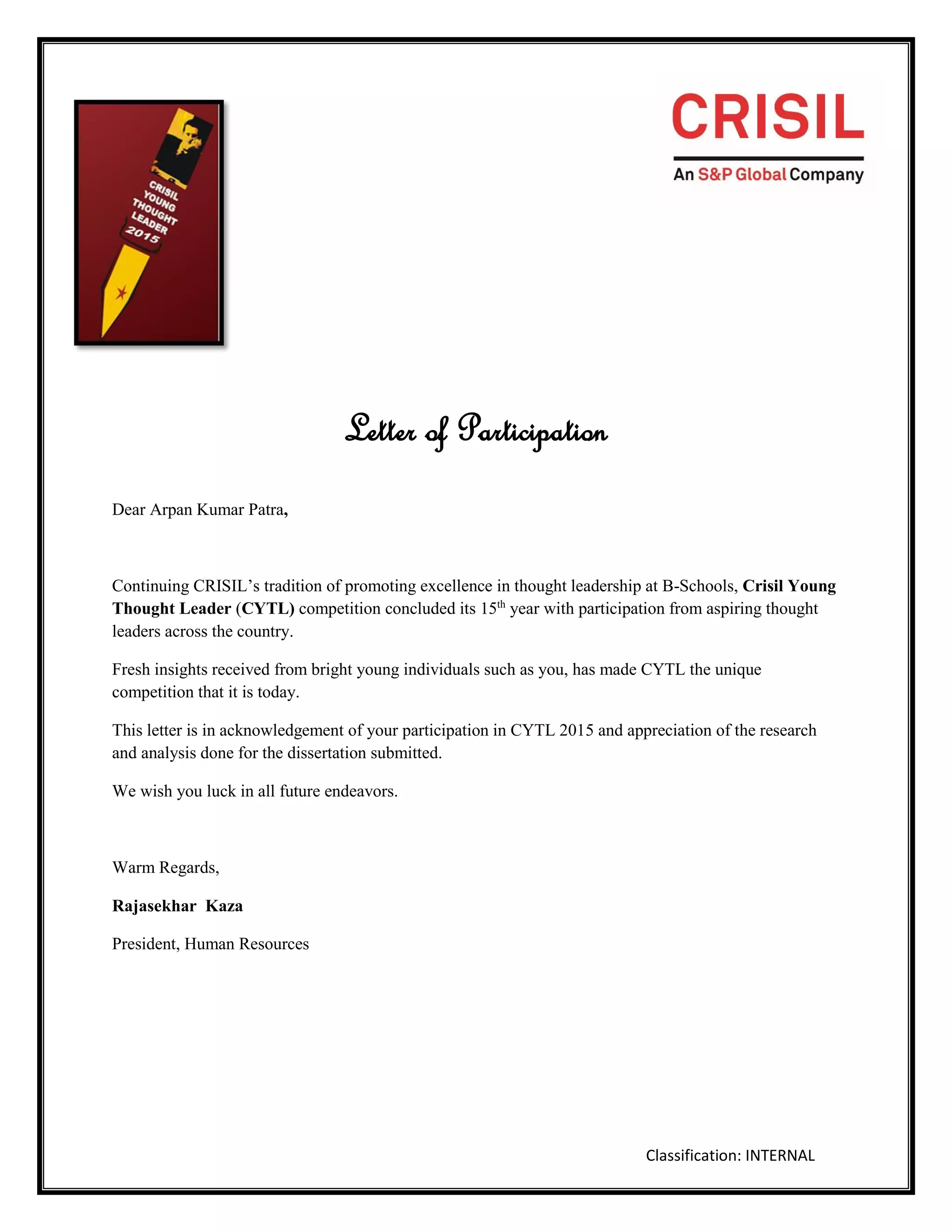 CYTL Participation Letter 2015- Arpan Kumar Patra | PDF