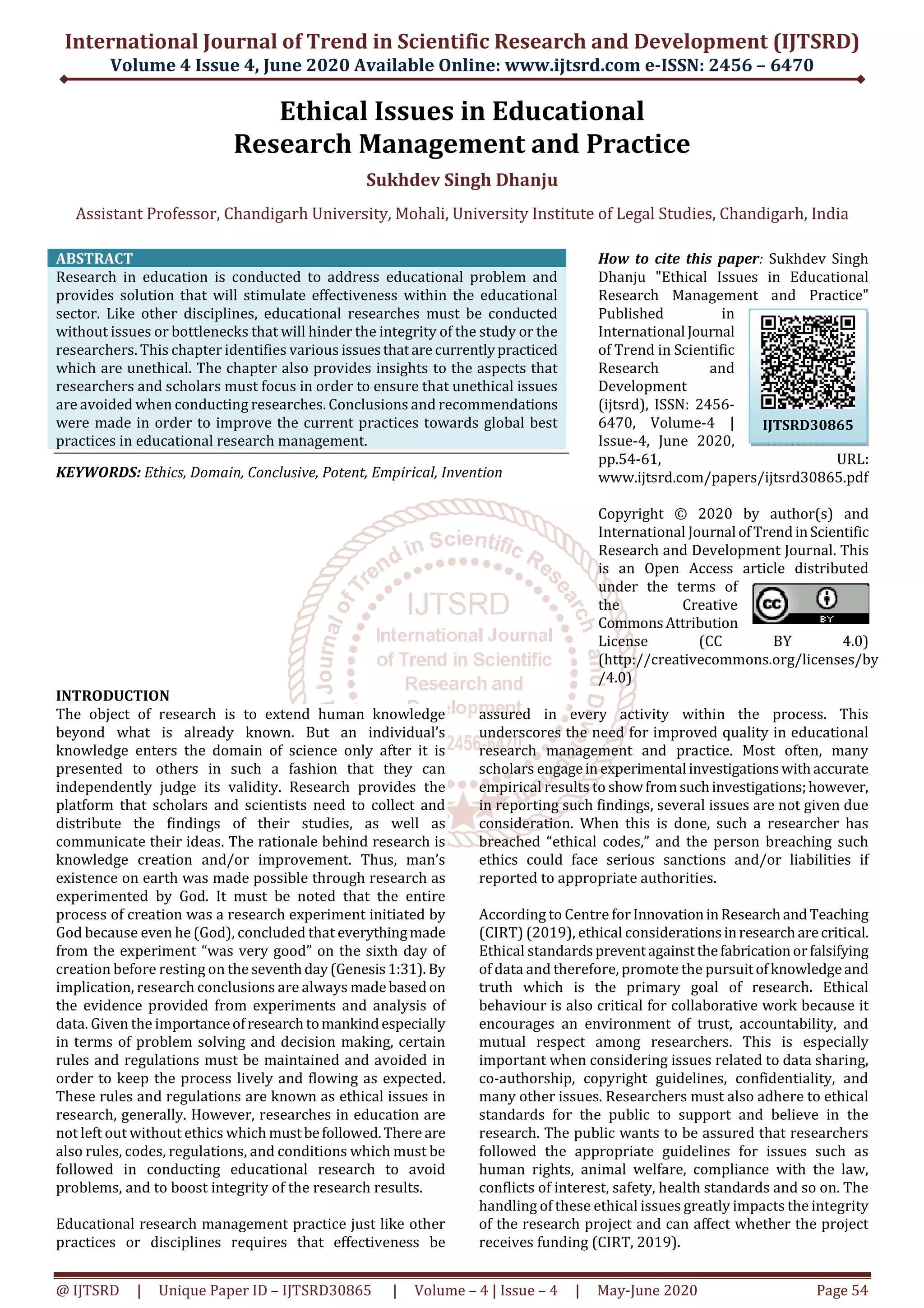 Ethical Issues in Educational Research Management and Practice | PDF