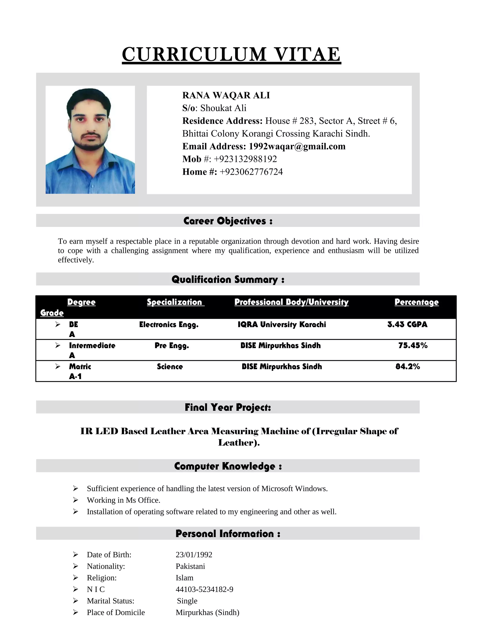 RANA WAQAR CV Karachi Updated 2016 | DOC