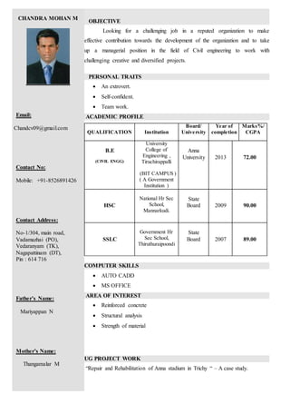 CHANDRAMOHAN M | DOCX | Civil Engineering Industry | Industries