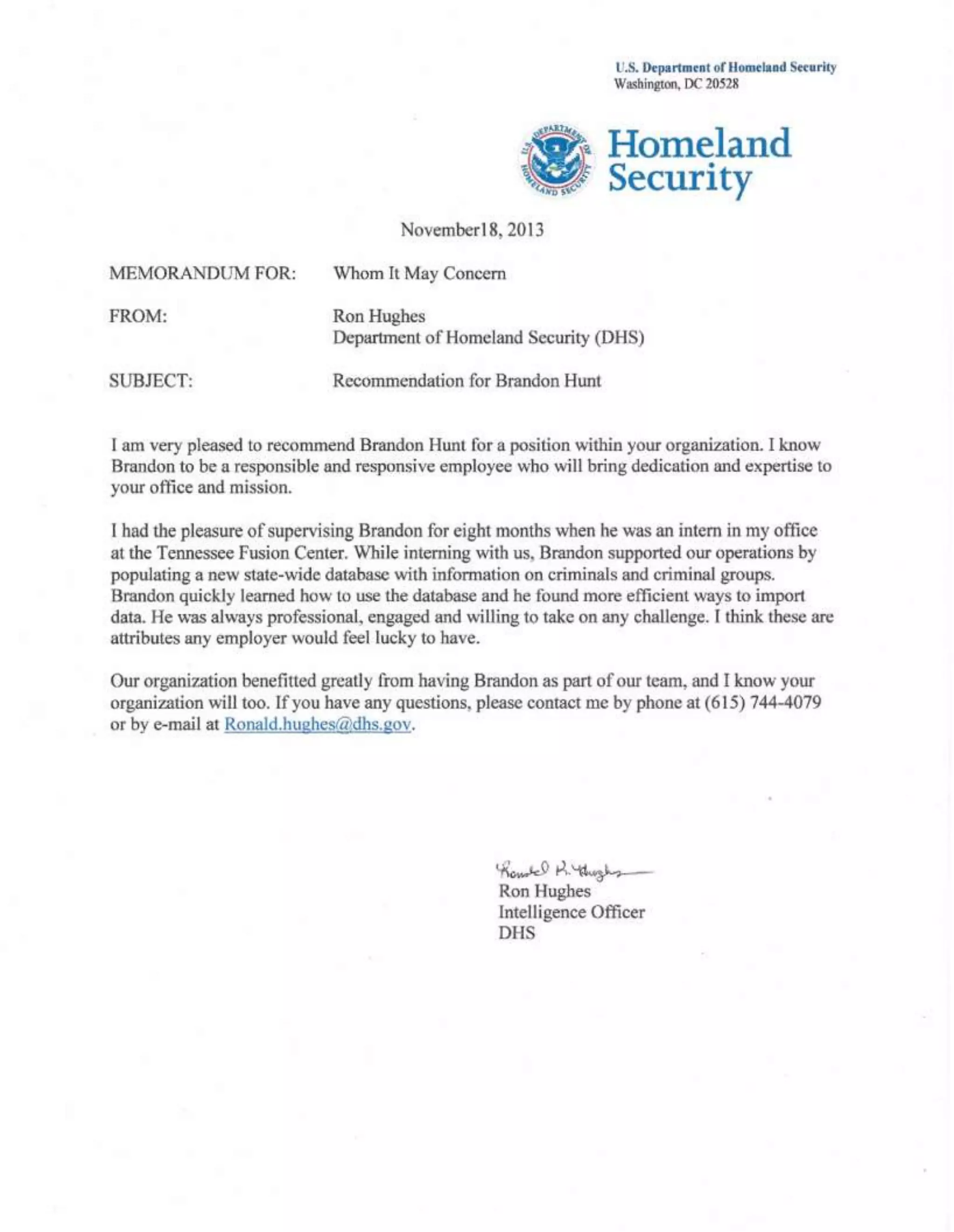 Recommendation Letter for Brandon Hunt | PDF