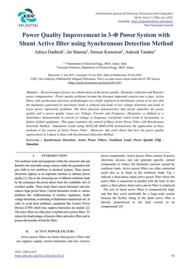 Power Quality Improvement In 3 Φ Power System With Shunt Active Filter Using Synchronous 