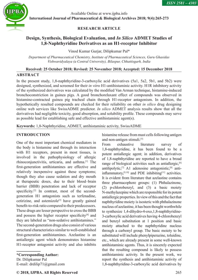 Design, Synthesis, Biological Evaluation, and In Silico ADMET Studies of 1,8-Naphthyridine ...