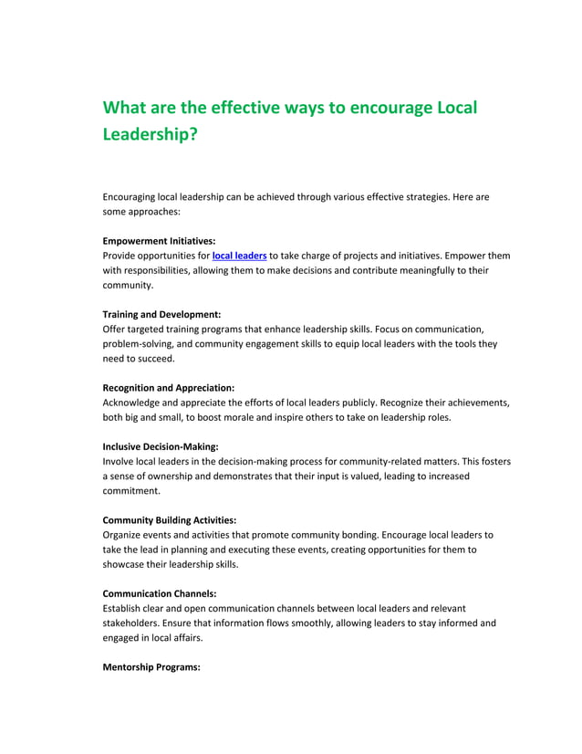 What are the effective ways to encourage Local Leadership? | DOCX ...