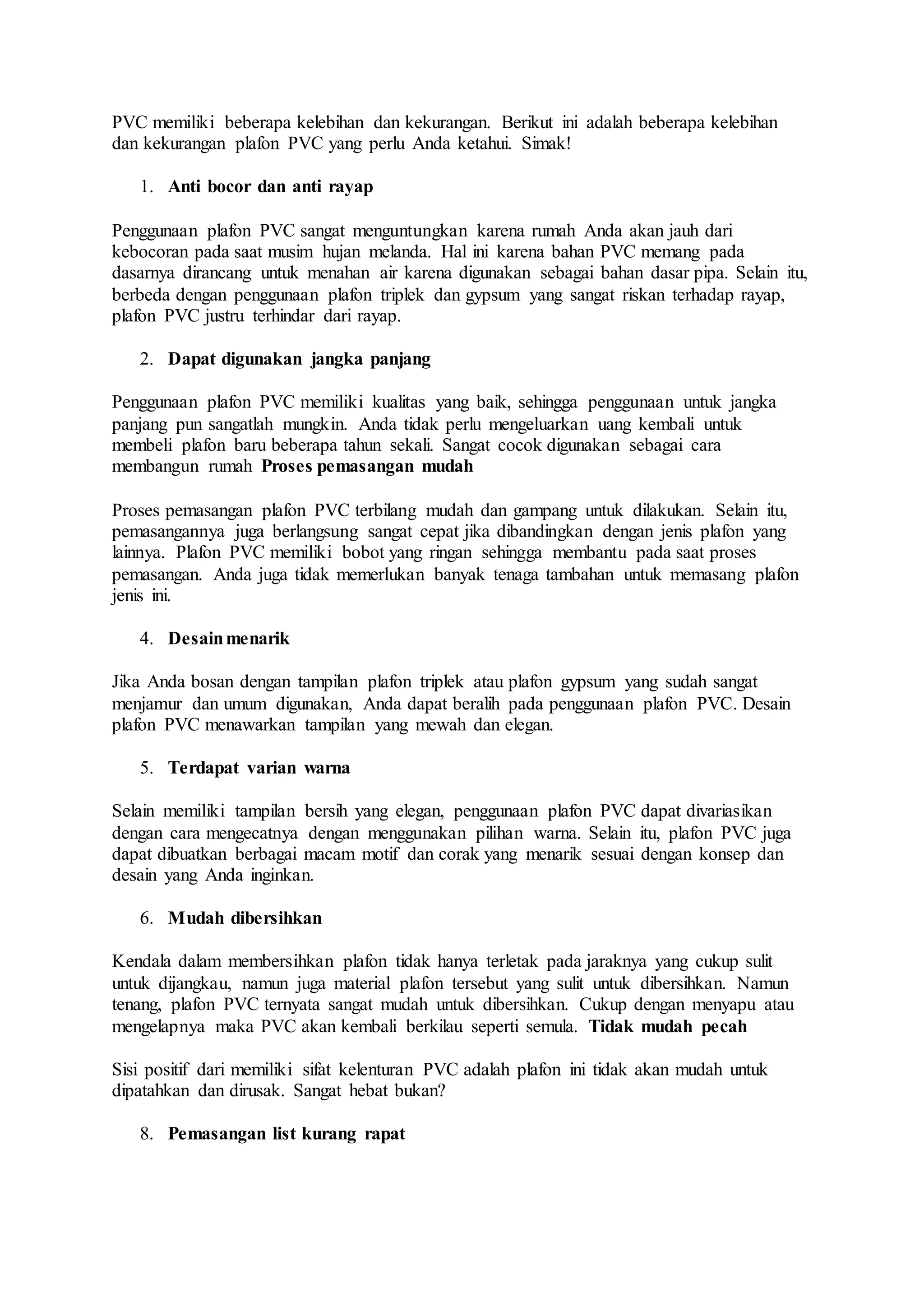 11 kelebihan dan kekurangan plafon pvc | DOCX