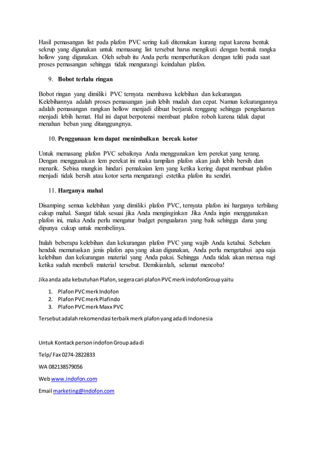 11 kelebihan dan kekurangan plafon pvc | DOCX