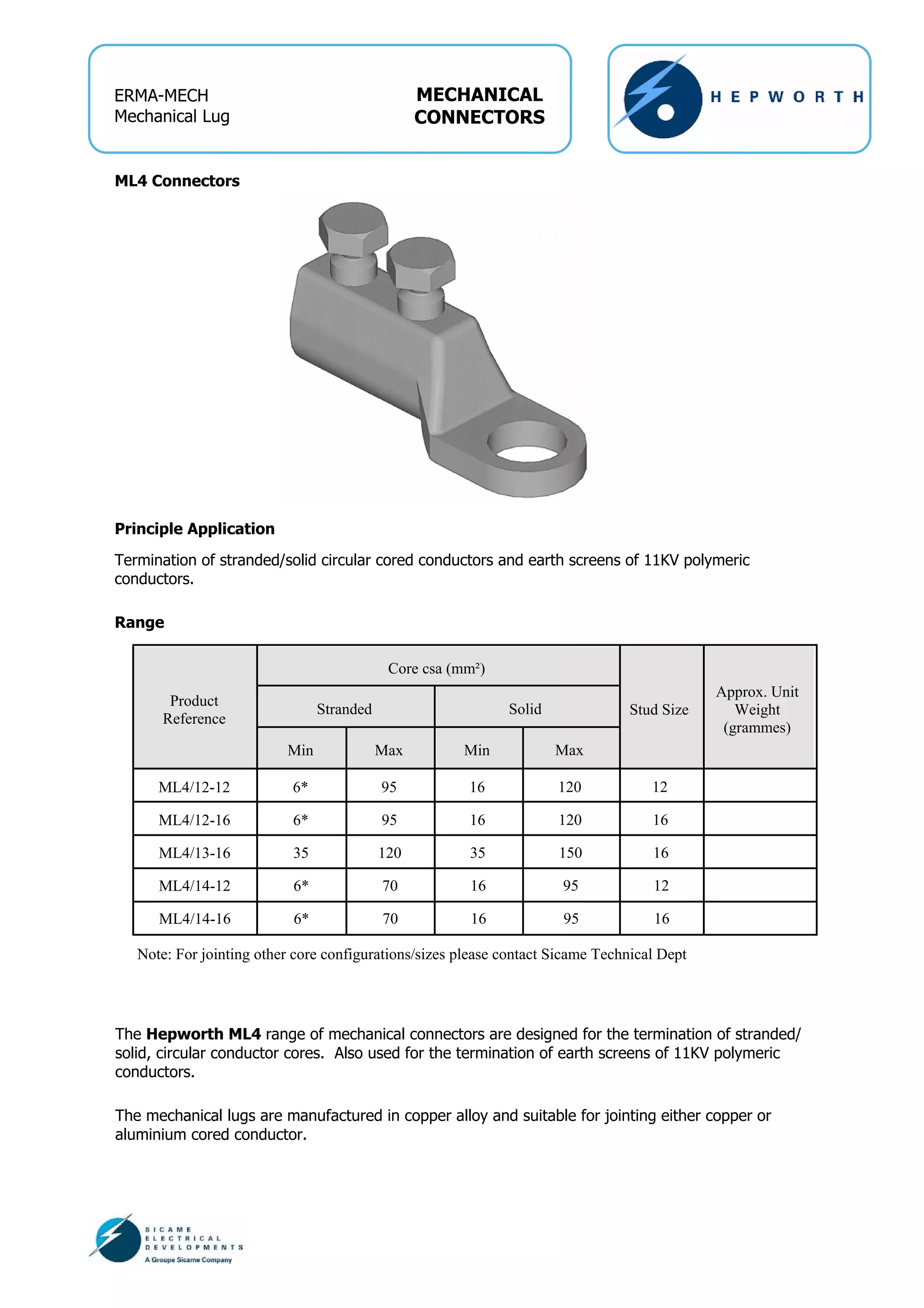 11kV Triplex Copper Wire Screen 35sqmm Termination Lugs - Sicame Hepworth | PDF
