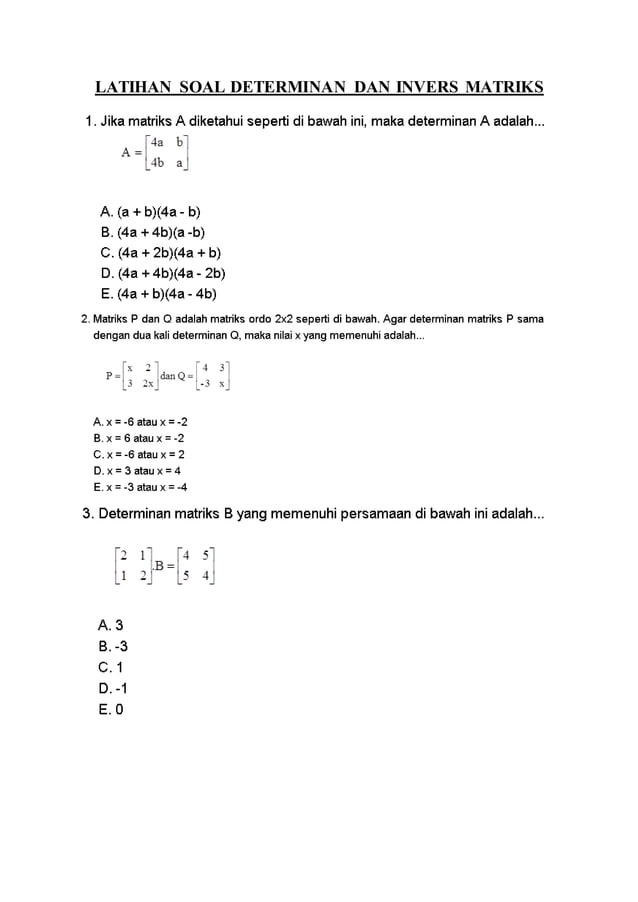 11 latihan soal determinan dan invers matriks | DOCX