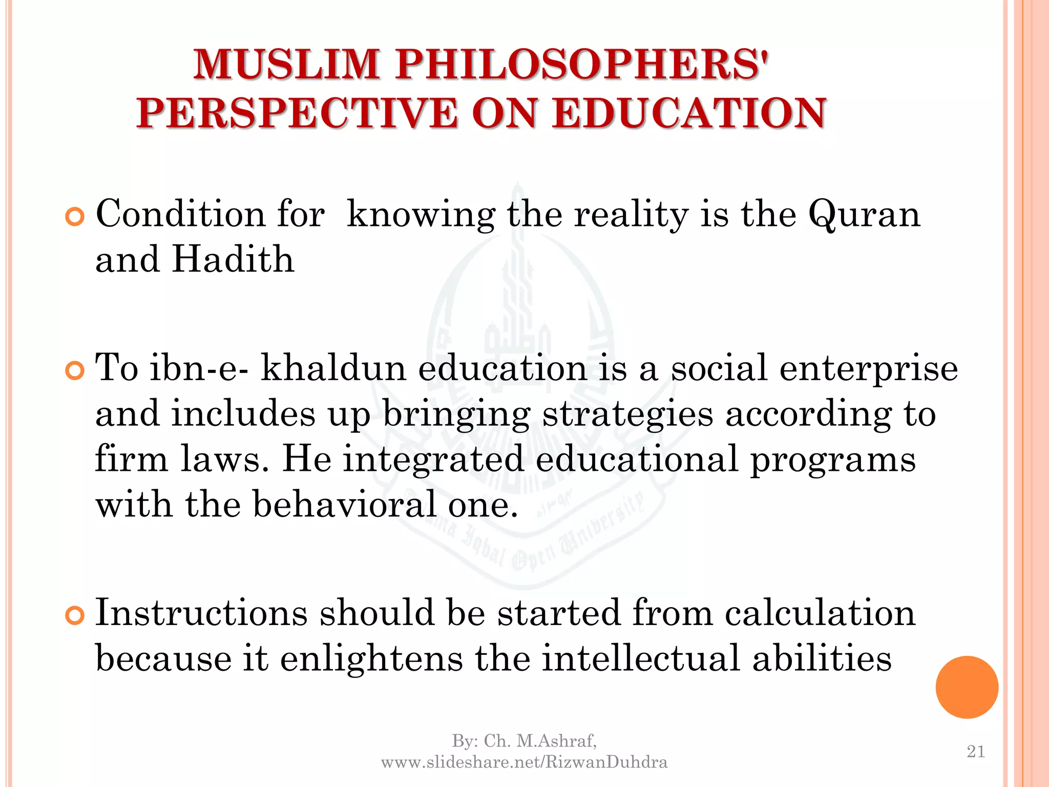MUSLIM PHILOSOPHERS' PERSPECTIVE ON EDUCATION | PDF