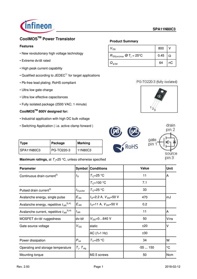 Original Power Transistor SPA11N80C3 11N80C3 11N80 11A 800V TO-220F-3 New Infineon | PDF