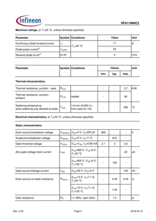 Original Power Transistor SPA11N80C3 11N80C3 11N80 11A 800V TO-220F-3 New Infineon | PDF