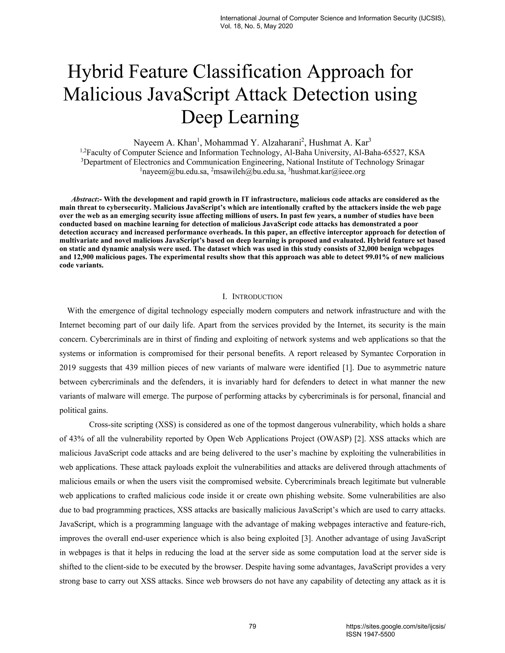 Hybrid Feature Classification Approach For Malicious Javascript Attack Detection Using Deep
