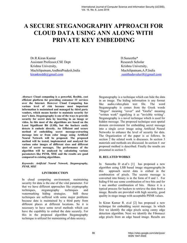A SECURE STEGANOGRAPHY APPROACH FOR CLOUD DATA USING ANN ALONG WITH PRIVATE KEY EMBEDDING | PDF