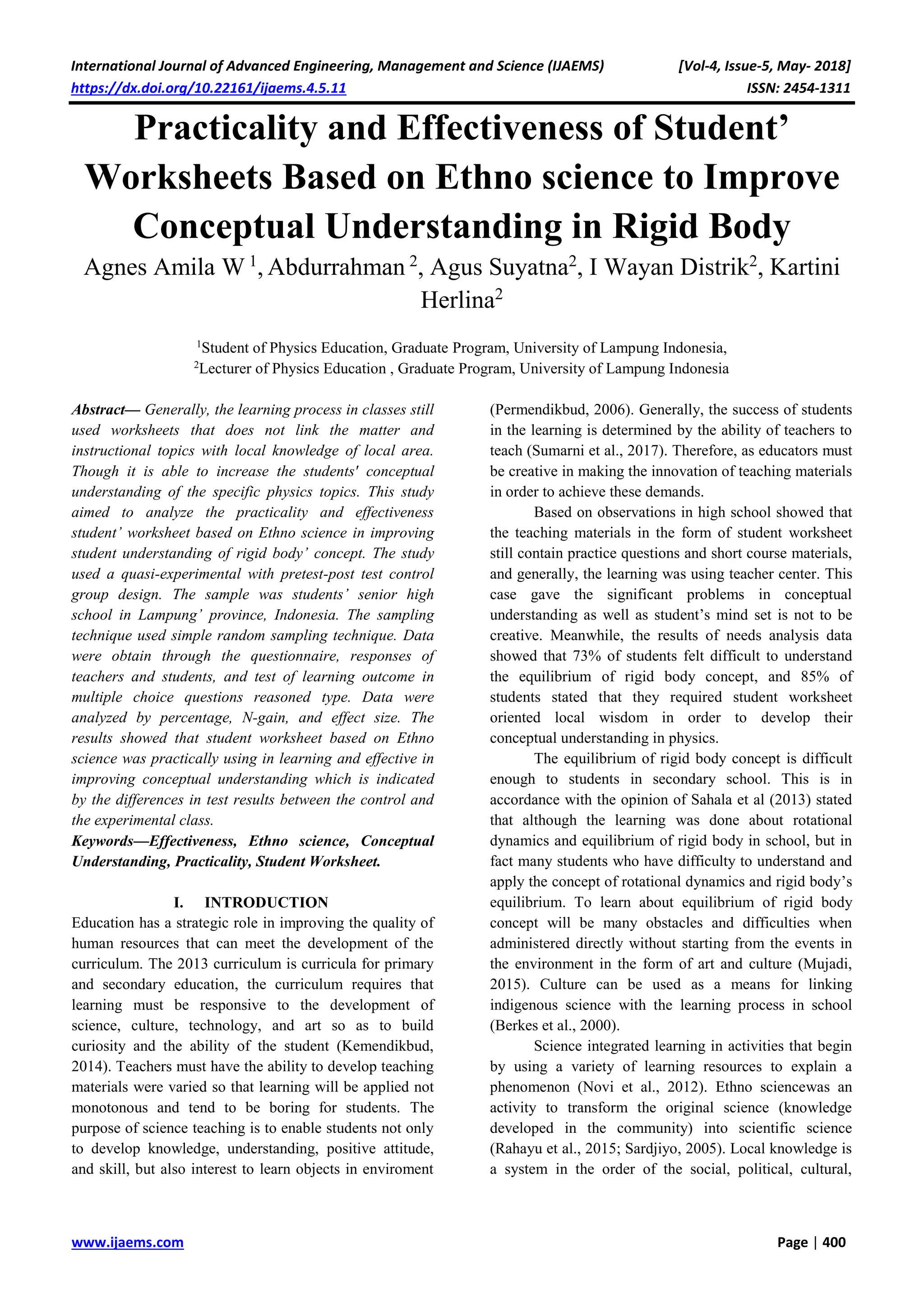 Practicality and Effectiveness of Student’ Worksheets Based on Ethno ...