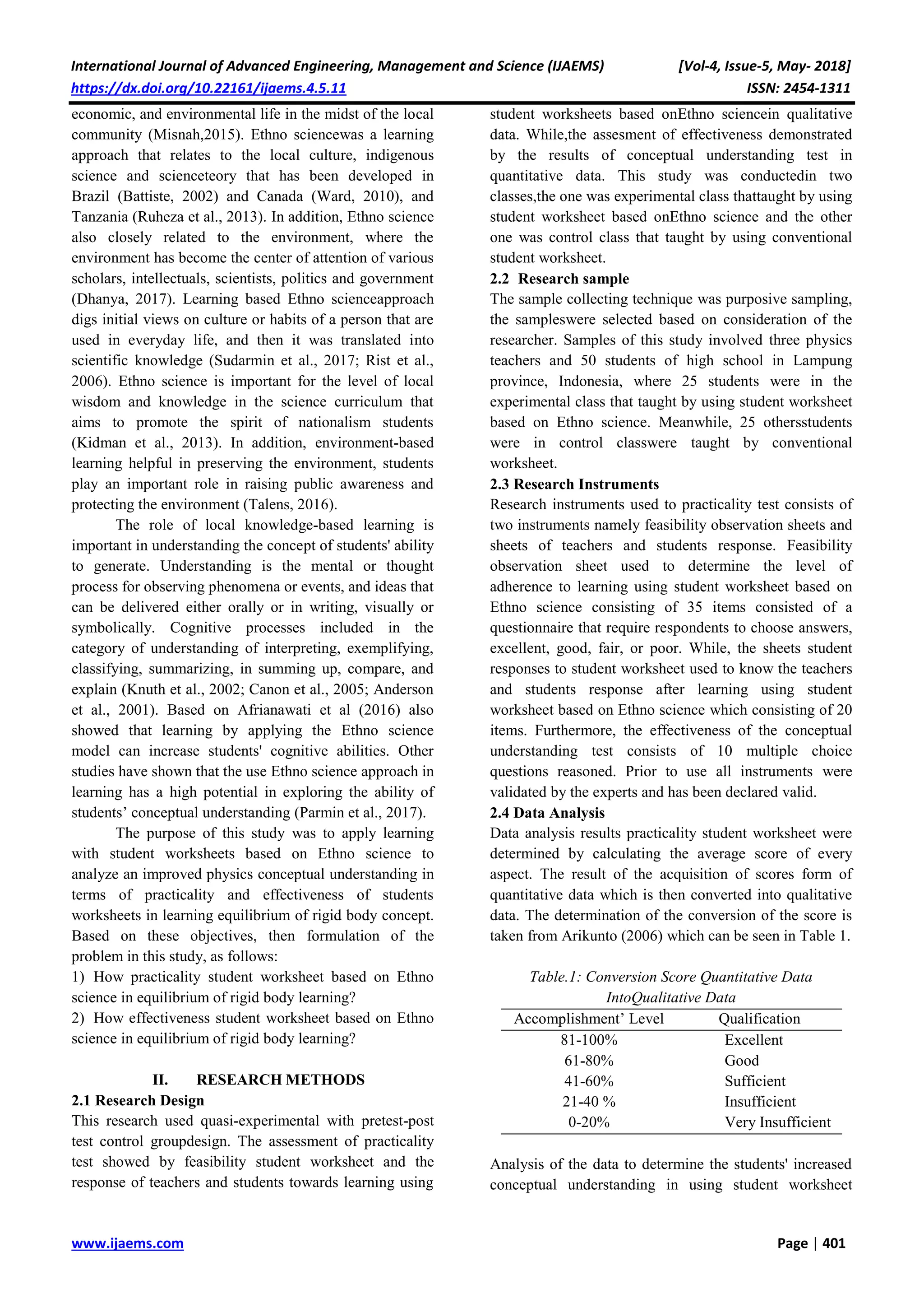 Practicality and Effectiveness of Student’ Worksheets Based on Ethno ...