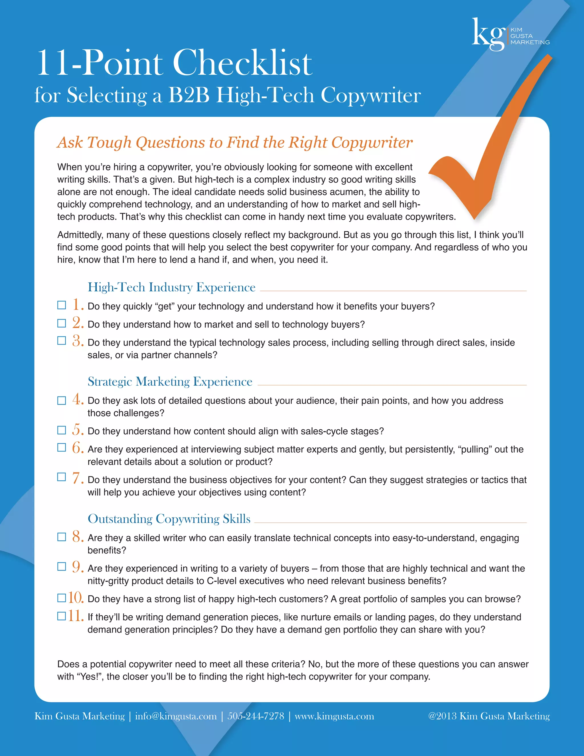 11-Point Checklist for Selecting a B2B High-Tech Copywriter | PDF