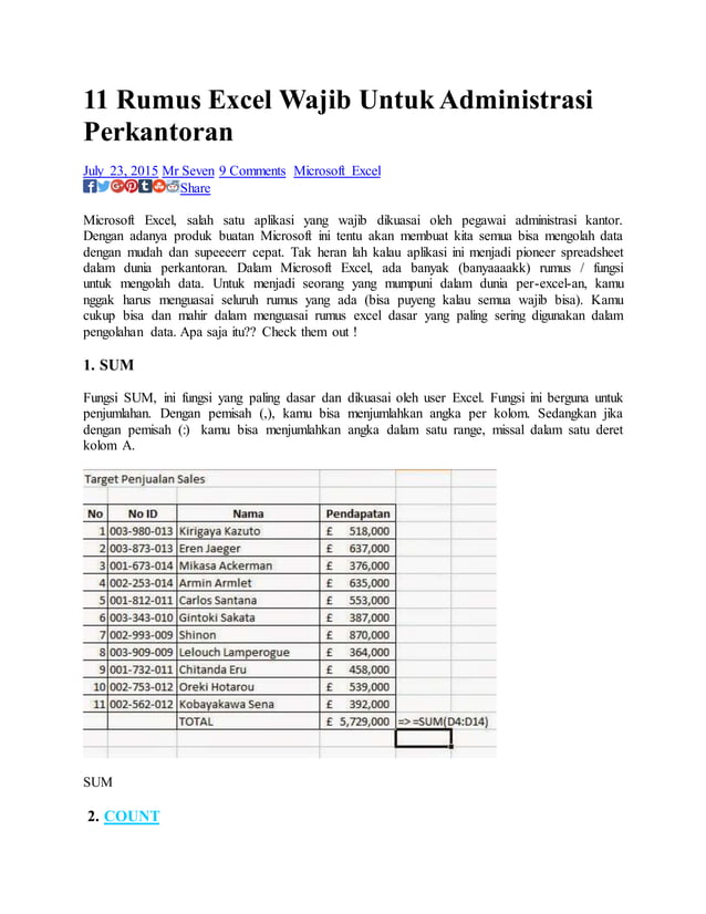 11 rumus excel wajib untuk administrasi perkantoran | DOCX
