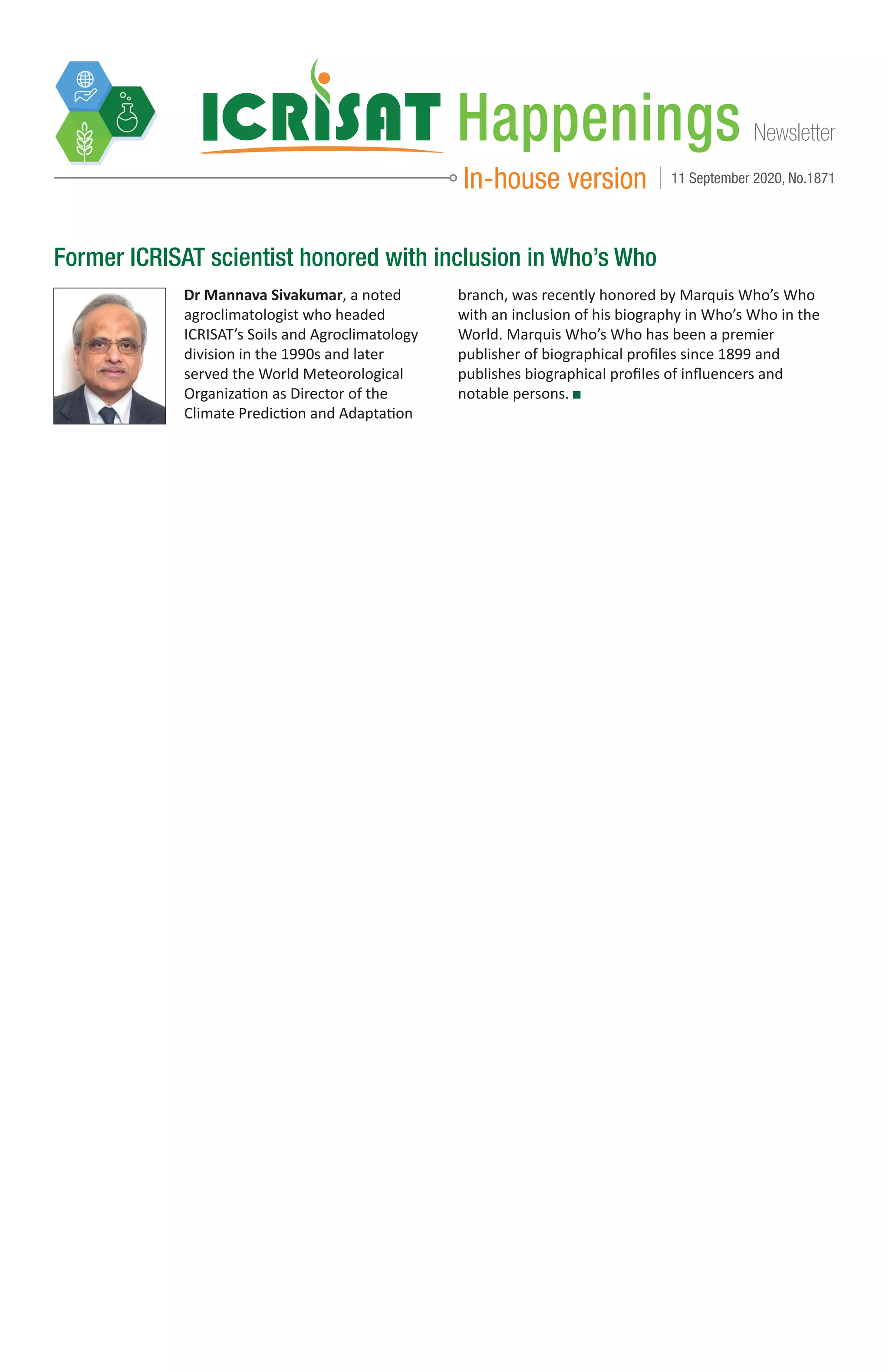 Former ICRISAT scientist honored with inclusion in Who’s Who | PDF